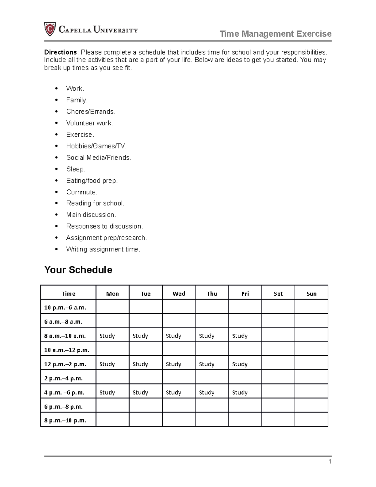CF Time Management Exercise Week 1: Balancing School & Priorities - Studocu