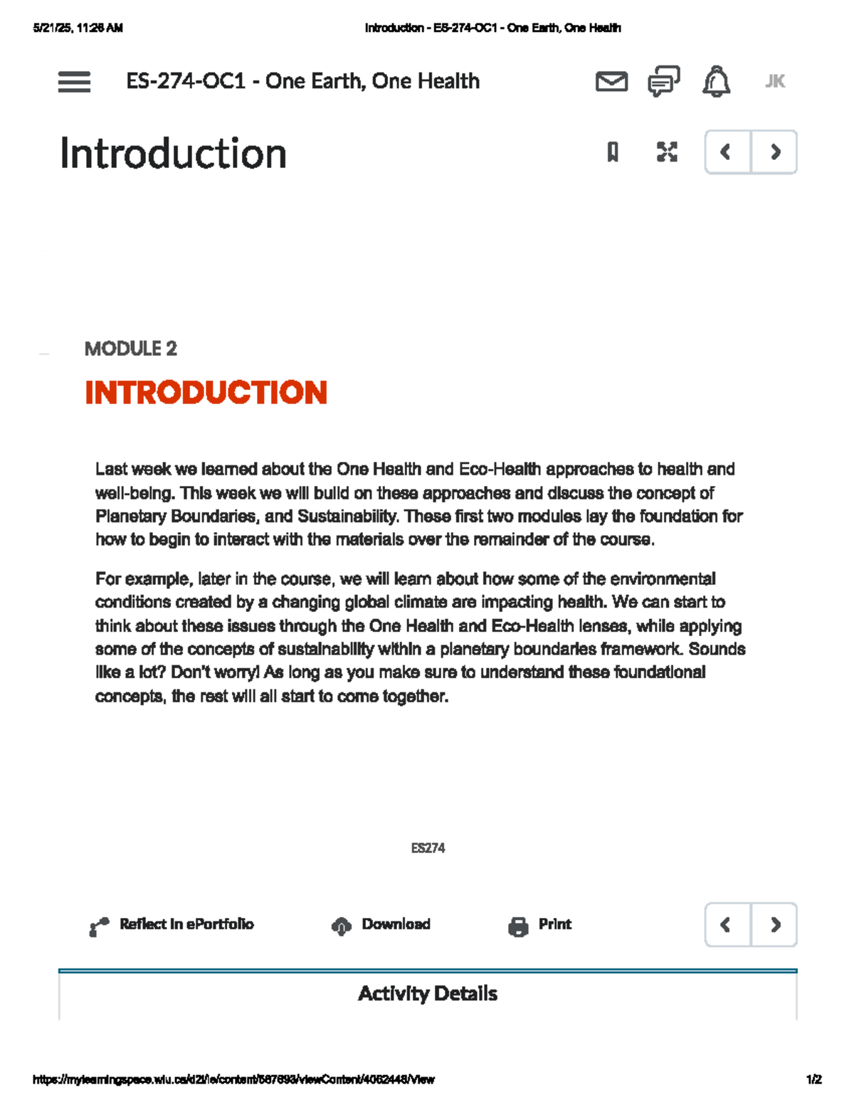 ES274 Module 2: One Earth, One Health & Sustainability Overview - Studocu