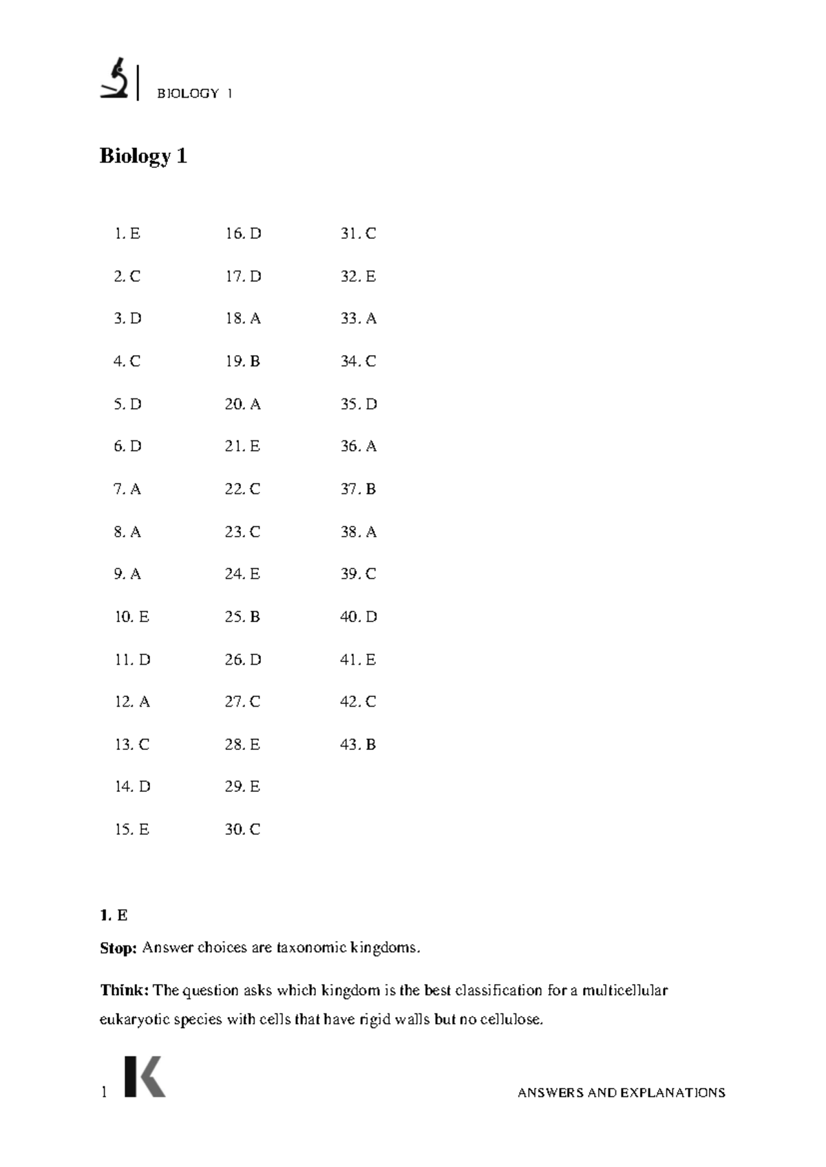 DAT LB Bio1 A&E - gamsat notes - BIOLOGY 1 Biology 1 1. E 2. C 3. D 4 ...