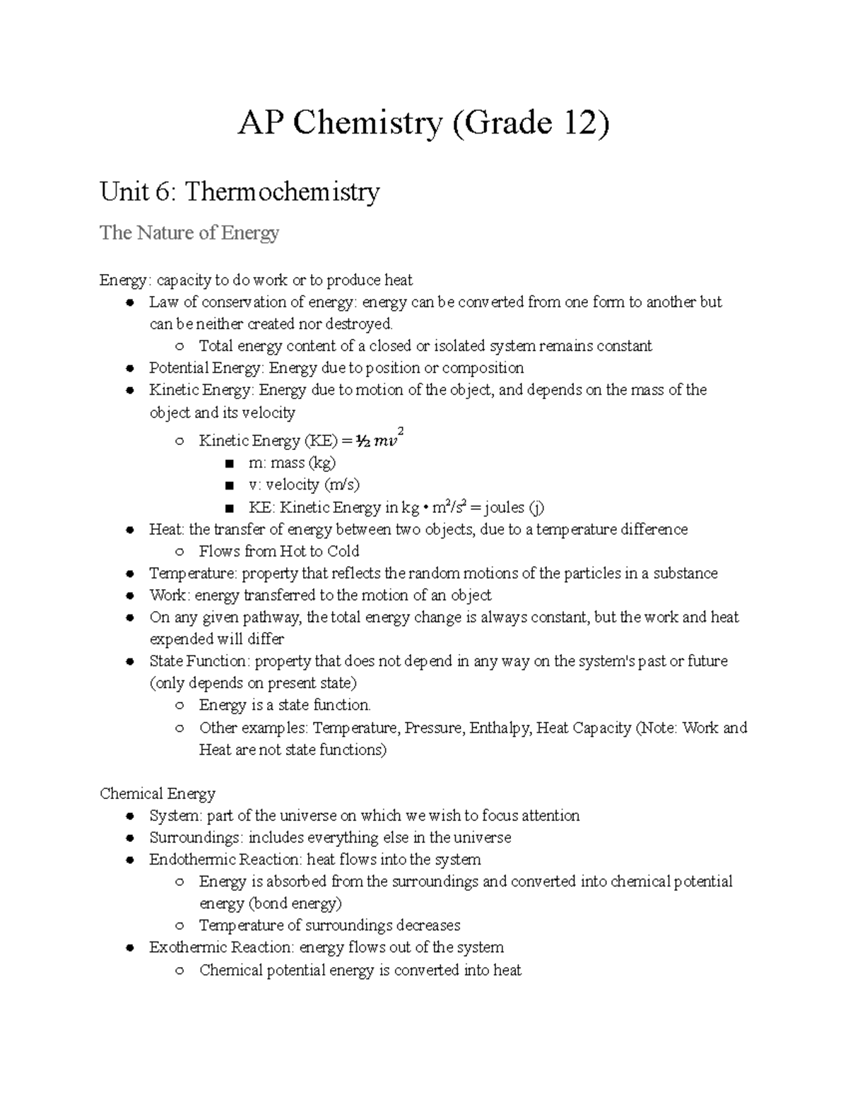 AP Chemistry (Grade 12) Unit 6: Thermochemistry and Energy Concepts ...