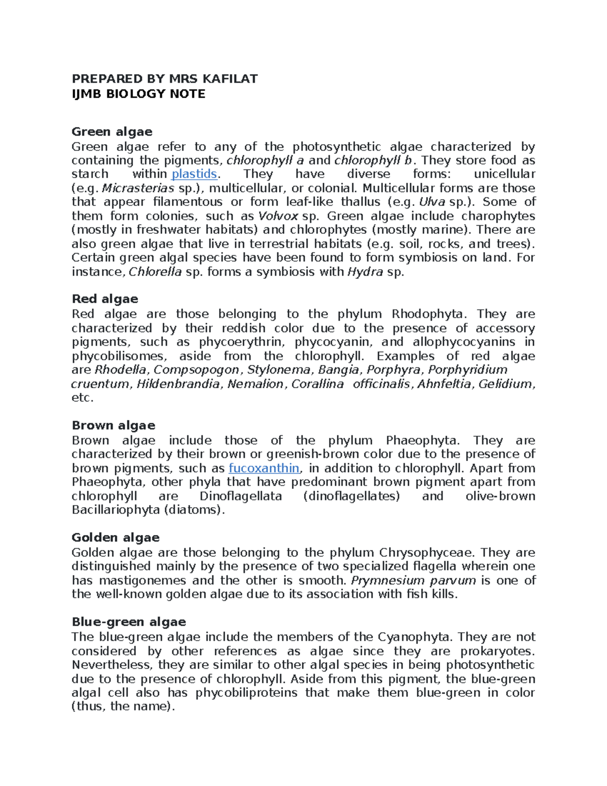 IJMB BIOLOGY NOTES: Green Algae and Fungi Overview - Studocu