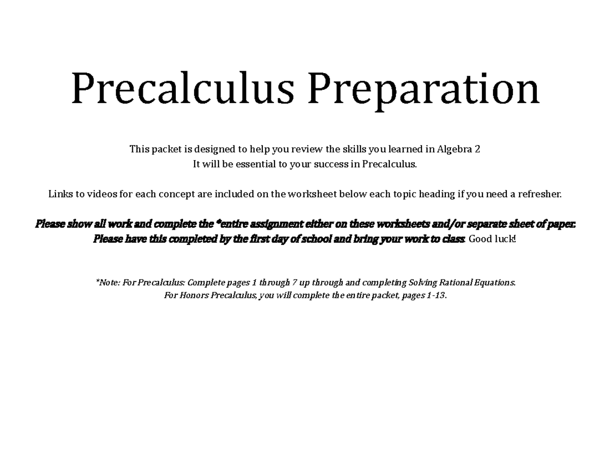 Precalculus Preparation Updated 2024 - Jessica Wilke - Precalculus Preparation This packet is ...