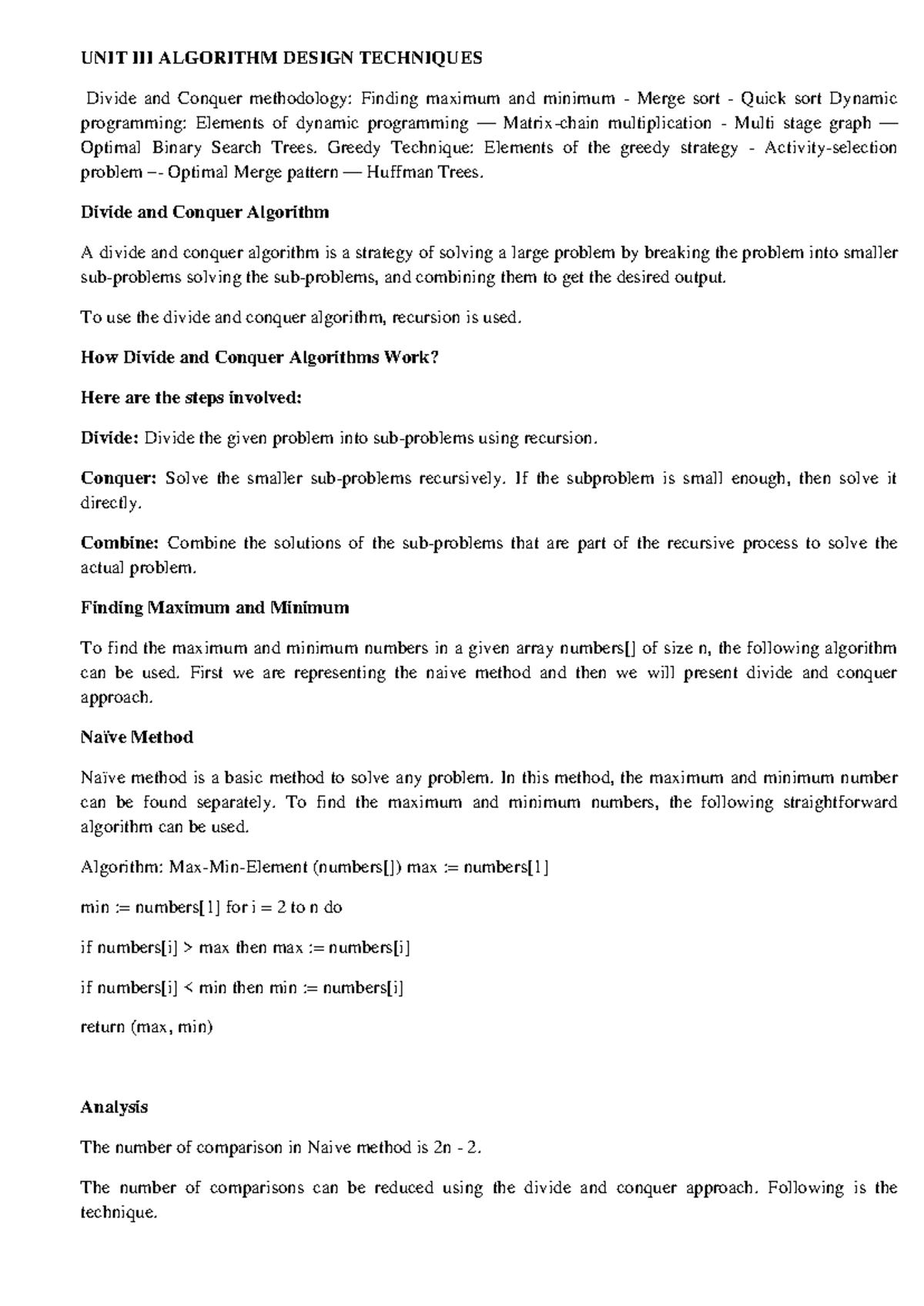 UNIT 3: ALGORITHM DESIGN TECHNIQUES - Divide and Conquer, Greedy, DP ...