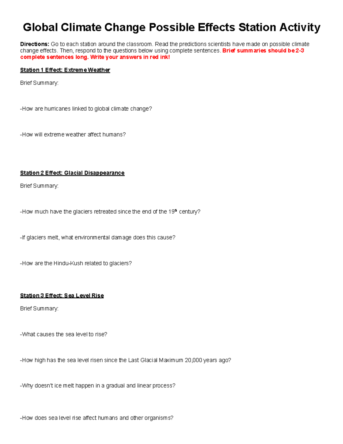 Global Warming Stations: Effects on Climate Change Activity Guide - Studocu