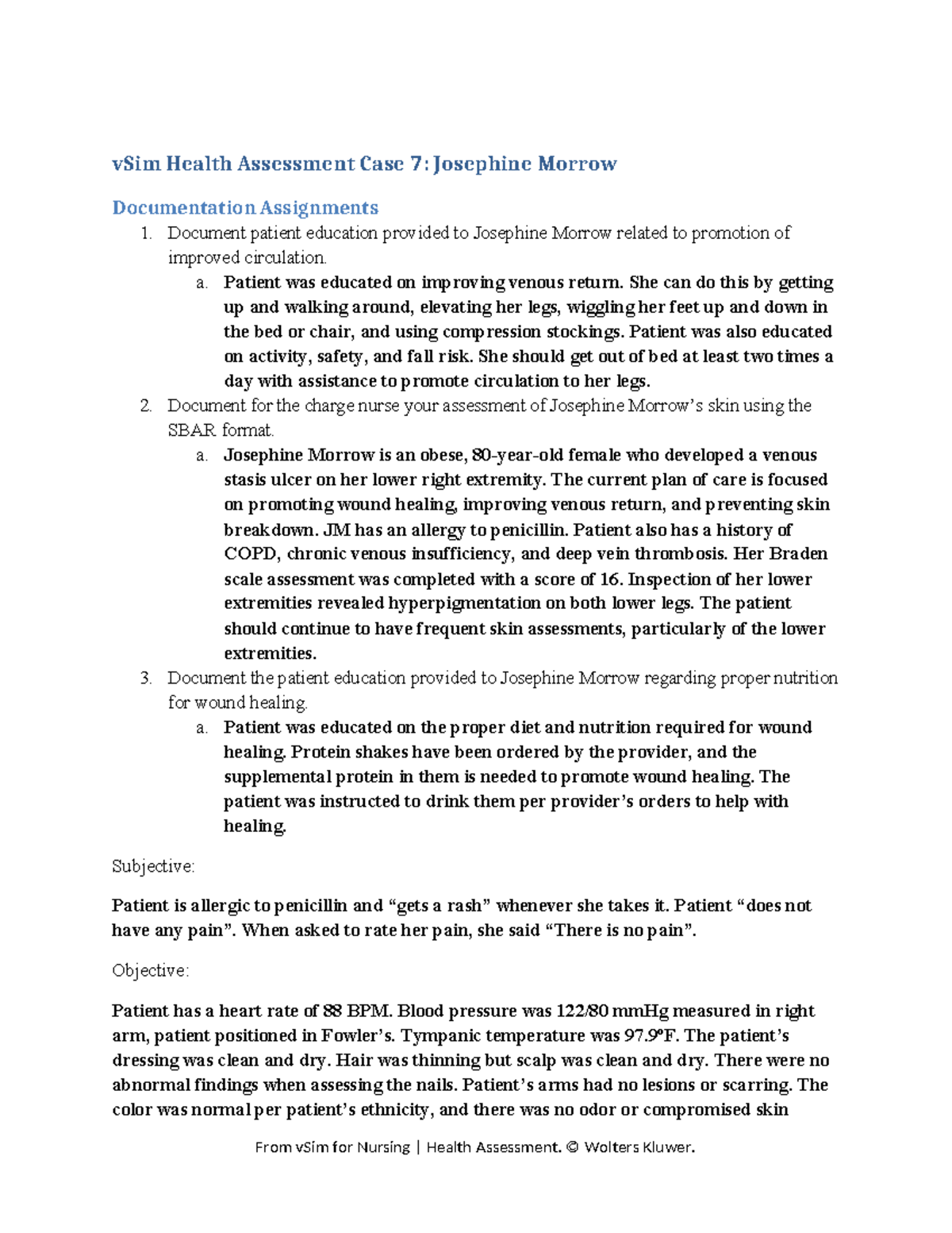 Health Assessment vSim Case Study: Josephine Morrow (Case 7) - Studocu