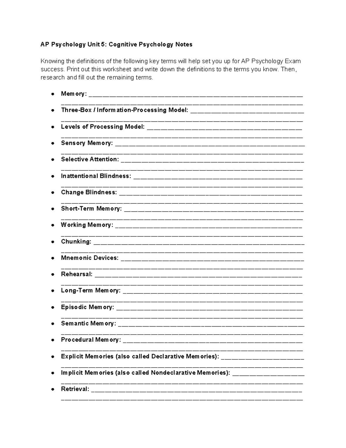 AP Psychology Unit 5 Cognitive Psychology Notes - Print out this ...