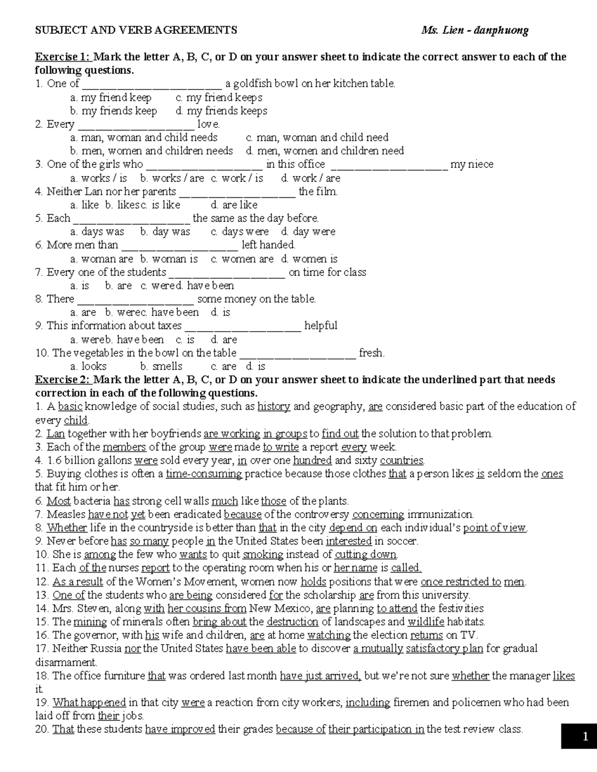 Subject and Verb Agreements Exercise HS - Studocu