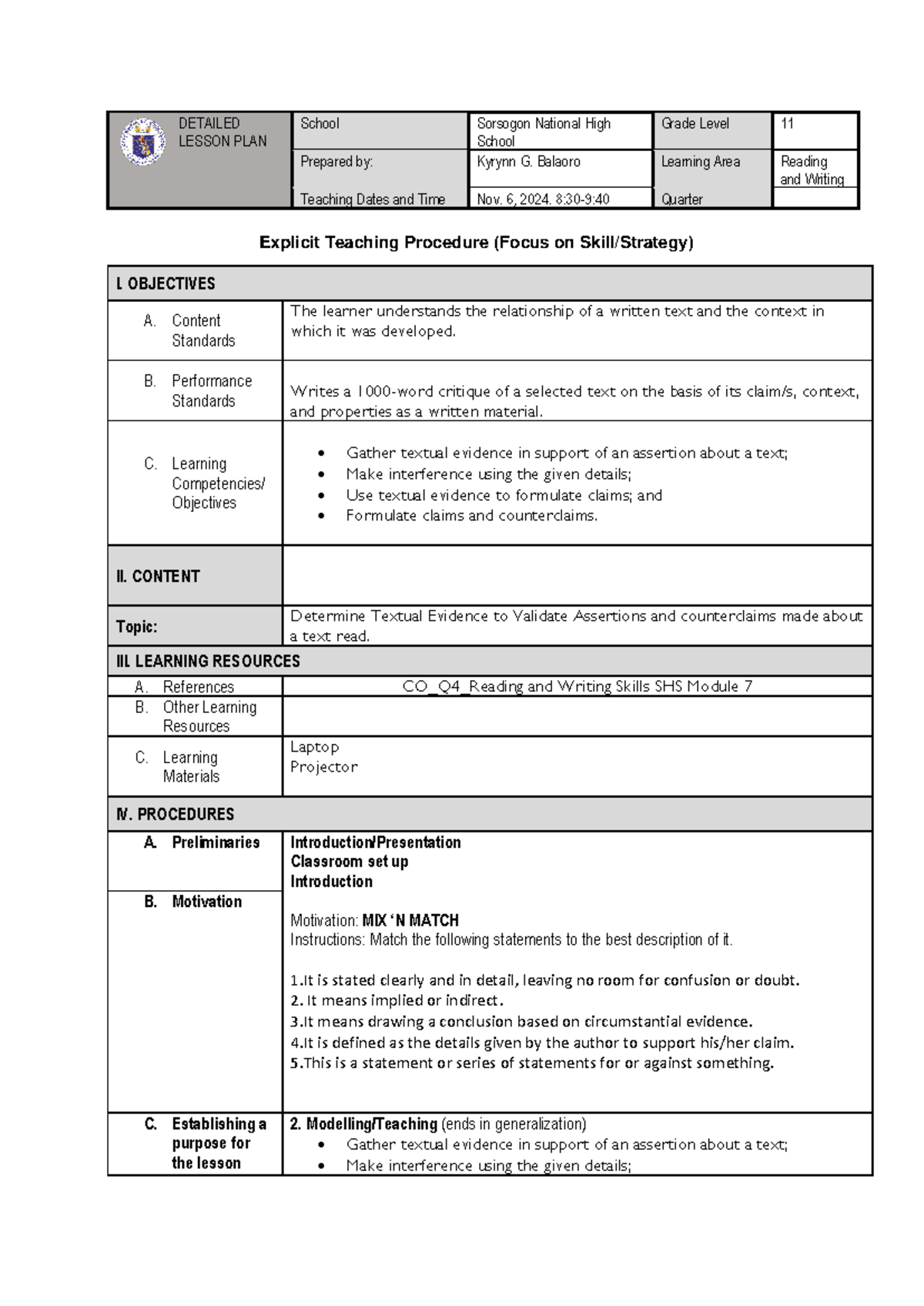 Determining Textual Evidence: Lesson Plan for Grade 11 (Reading ...