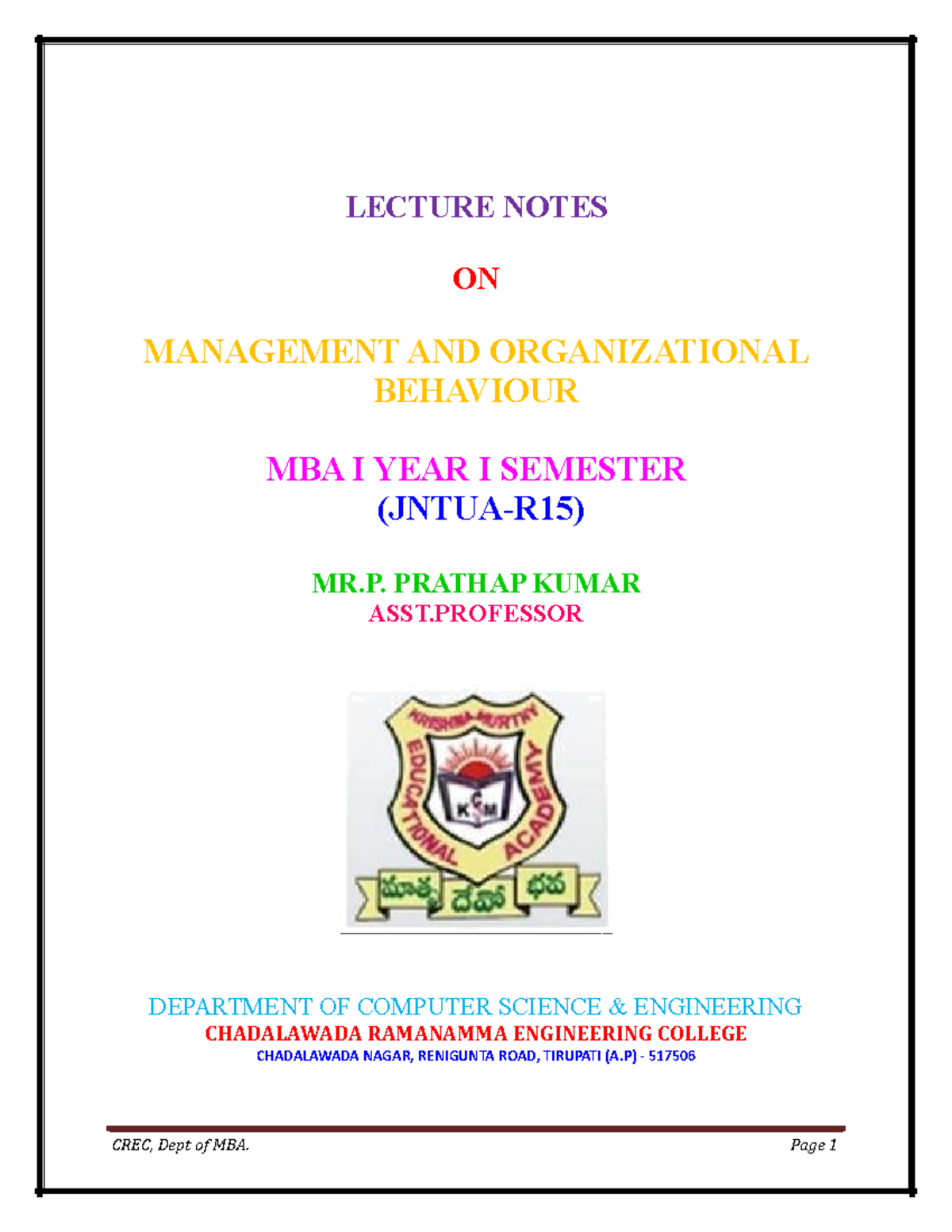 MBA I Year I Sem - LECTURE NOTES on Management & Organizational ...