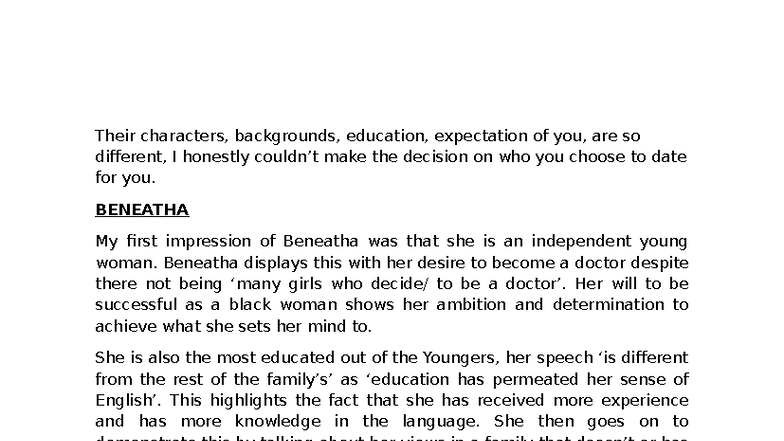 Character Analysis of Beneatha and Asagai in A Raisin in the Sun - Studocu