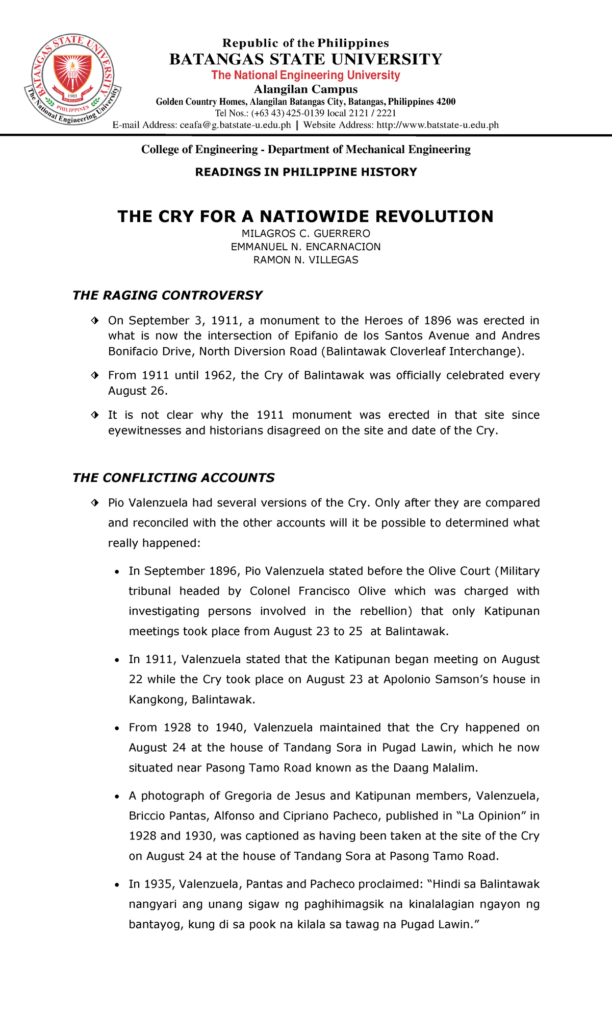 The Cry of Rebellion: Analyzing the August 23, 1896 Event - Studocu