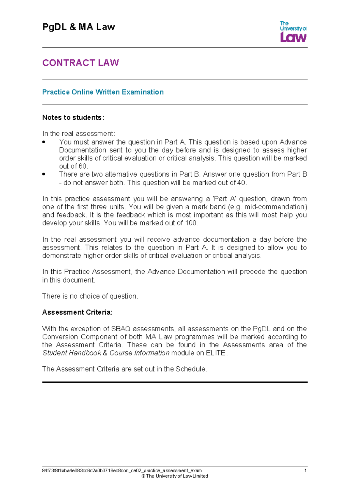 CONTRACT LAW (LAW123): Practice Exam - Part A Mock Questions - Studocu
