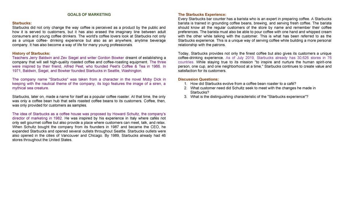Marketing Notes: Goals, Strategies, and the Starbucks Experience - Studocu