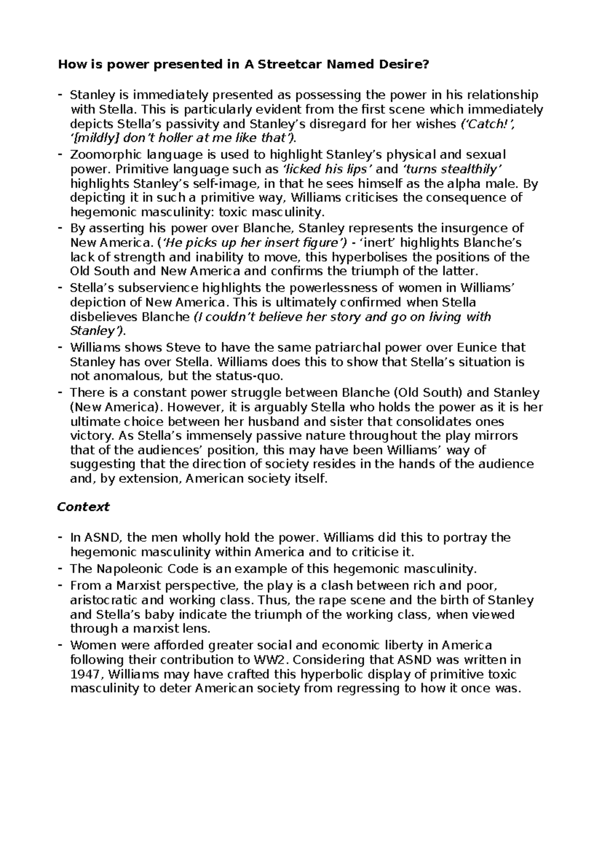 ASND - Power Dynamics in A Streetcar Named Desire: An Analysis - Studocu