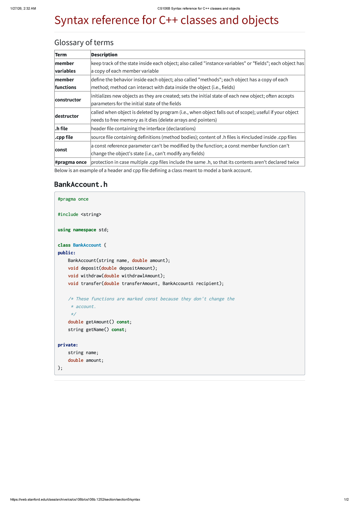 CS106B Syntax Reference: C++ Classes & Objects Guide - Studocu