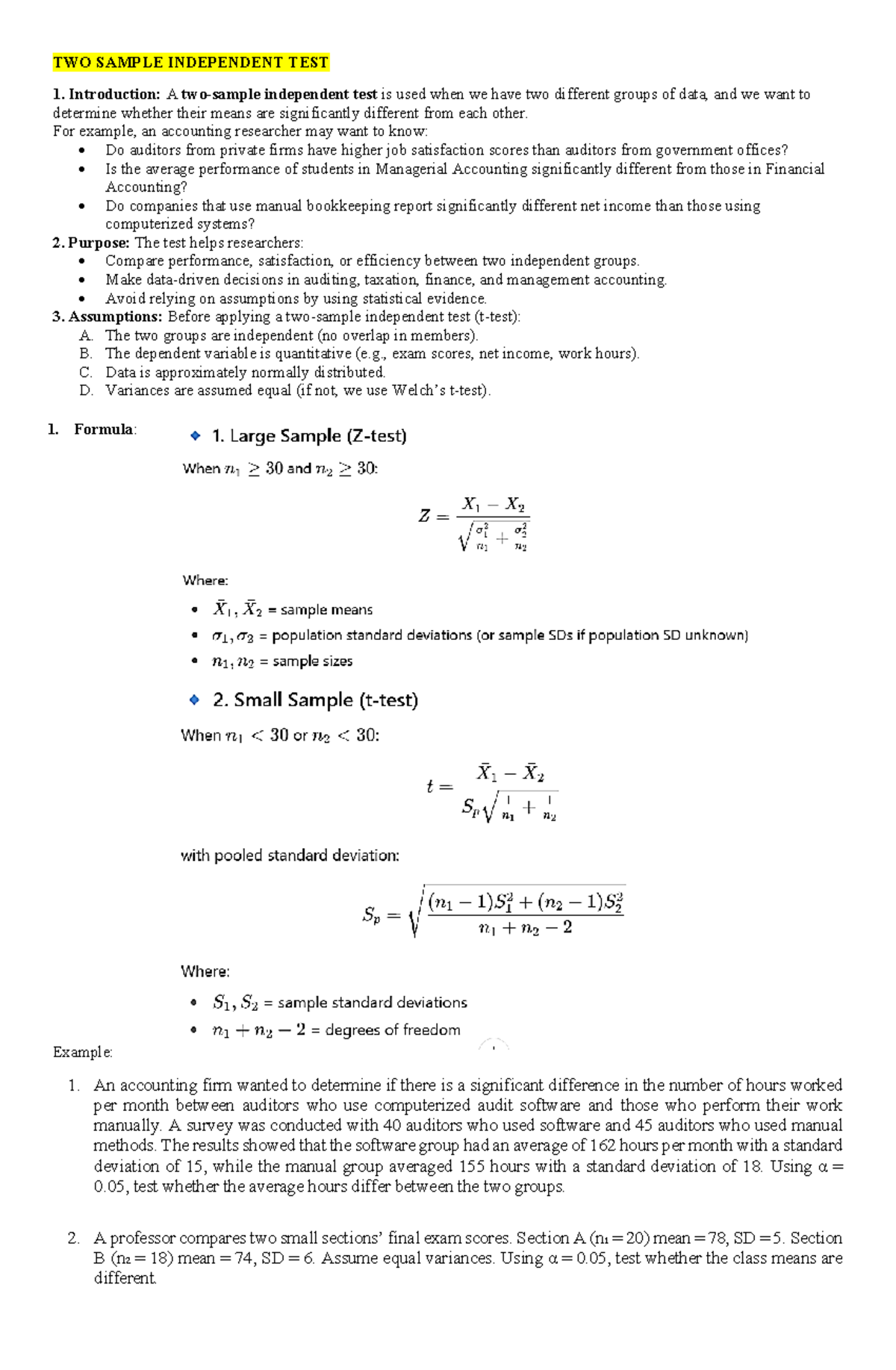 TWO Sample Independent Test: Understanding and Application - Studocu