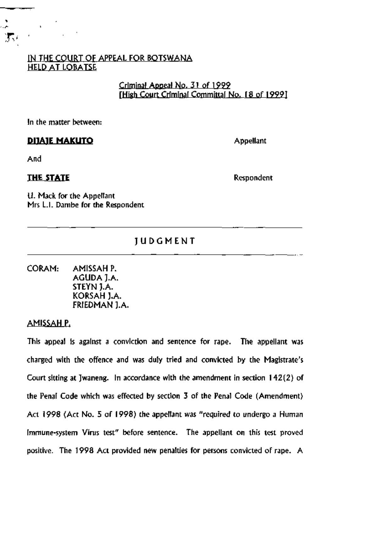 Botswana Criminal Appeal No. 31 of 1999: Makuto v State Analysis - Studocu