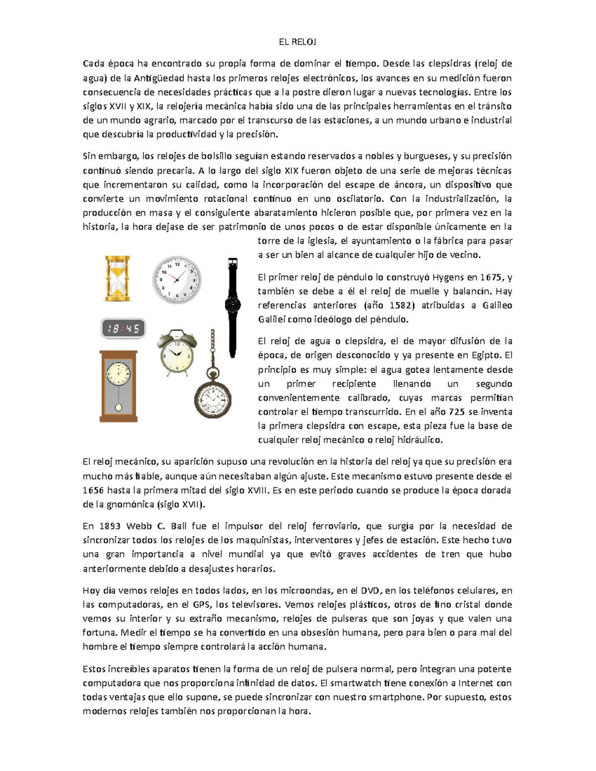 Apuntes e historia del reloj , documento escolar - EL RELOJ Cada época ...