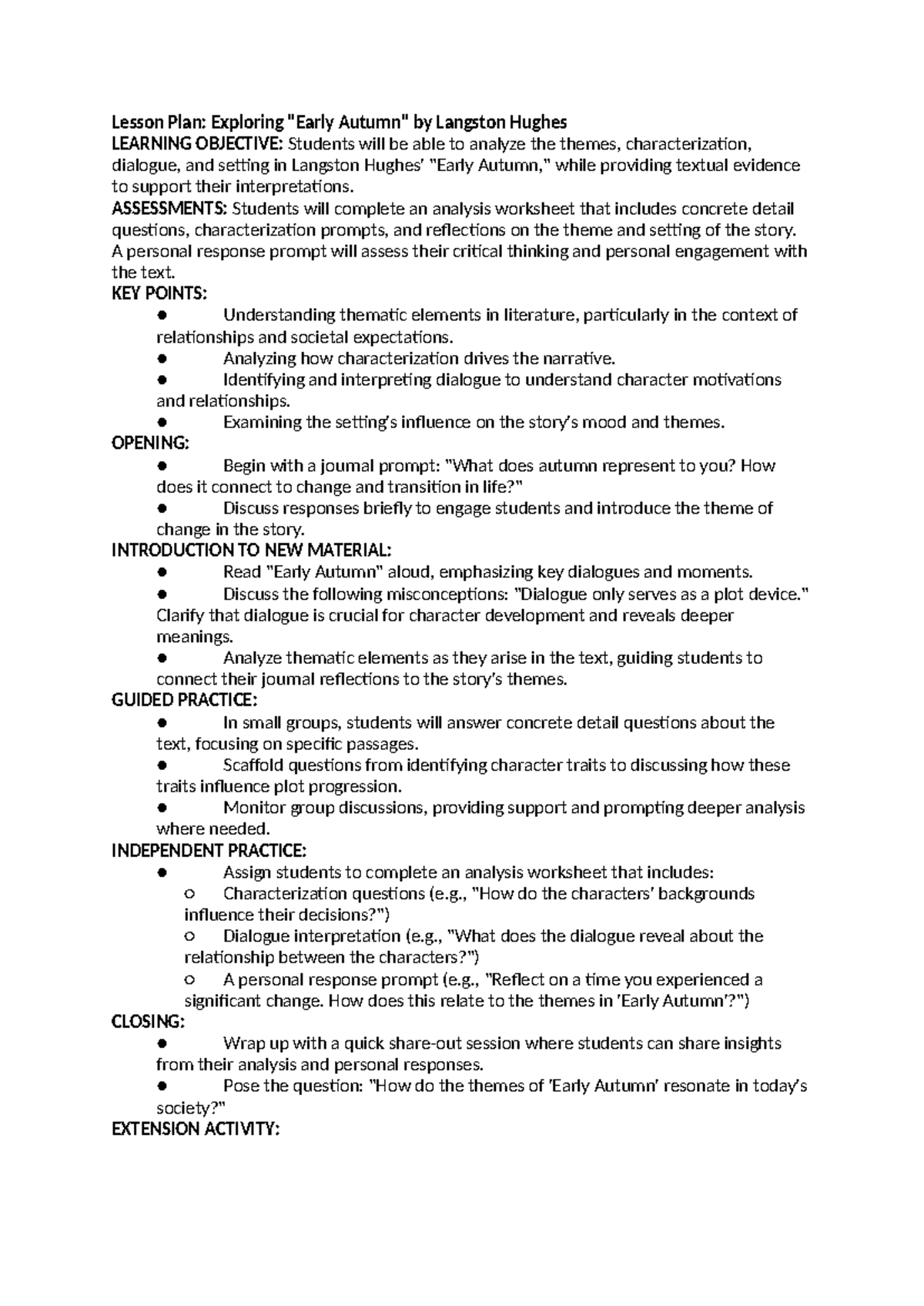 ENG 201: Lesson Plan on Analyzing Langston Hughes' Themes - Studocu