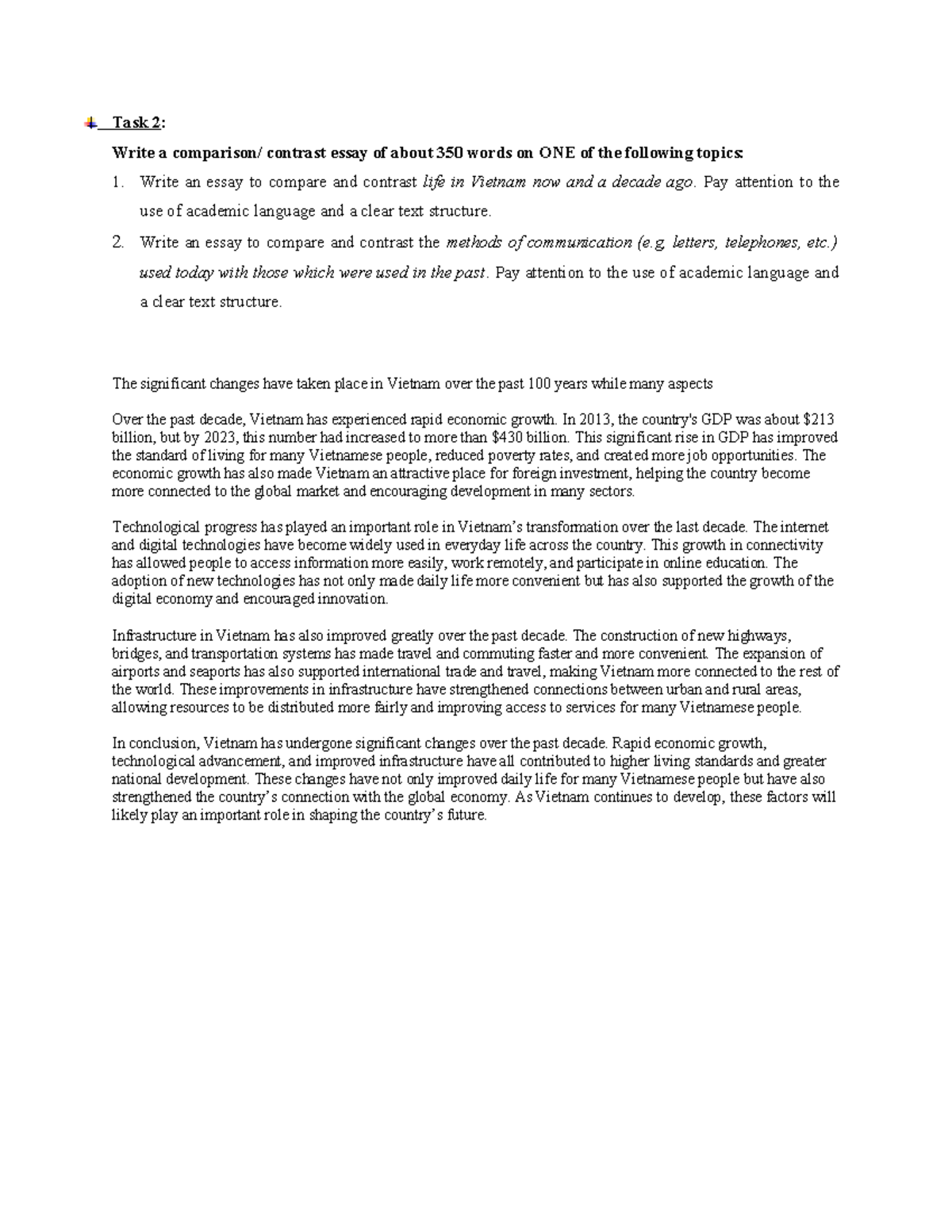Task 2: Contrast Essay on Vietnam's Changes Over the Decade - Studocu