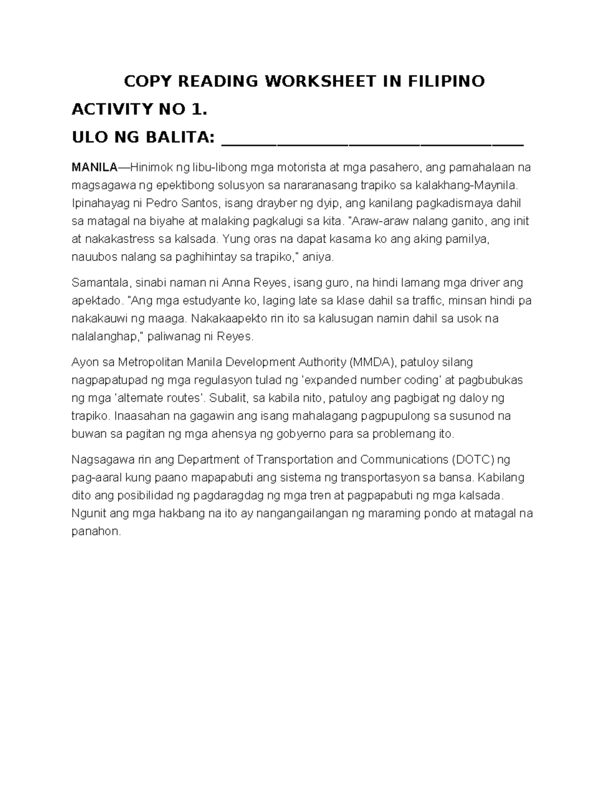 COPY READING WORKSHEET IN FILIPINO: ACTIVITY REPORTS - Studocu