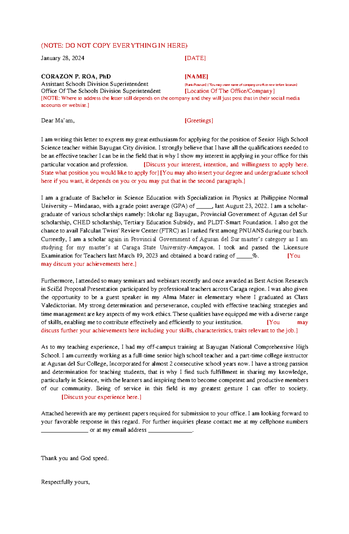 Sample Application Letter for Work Immersion (SHS Position) - Studocu