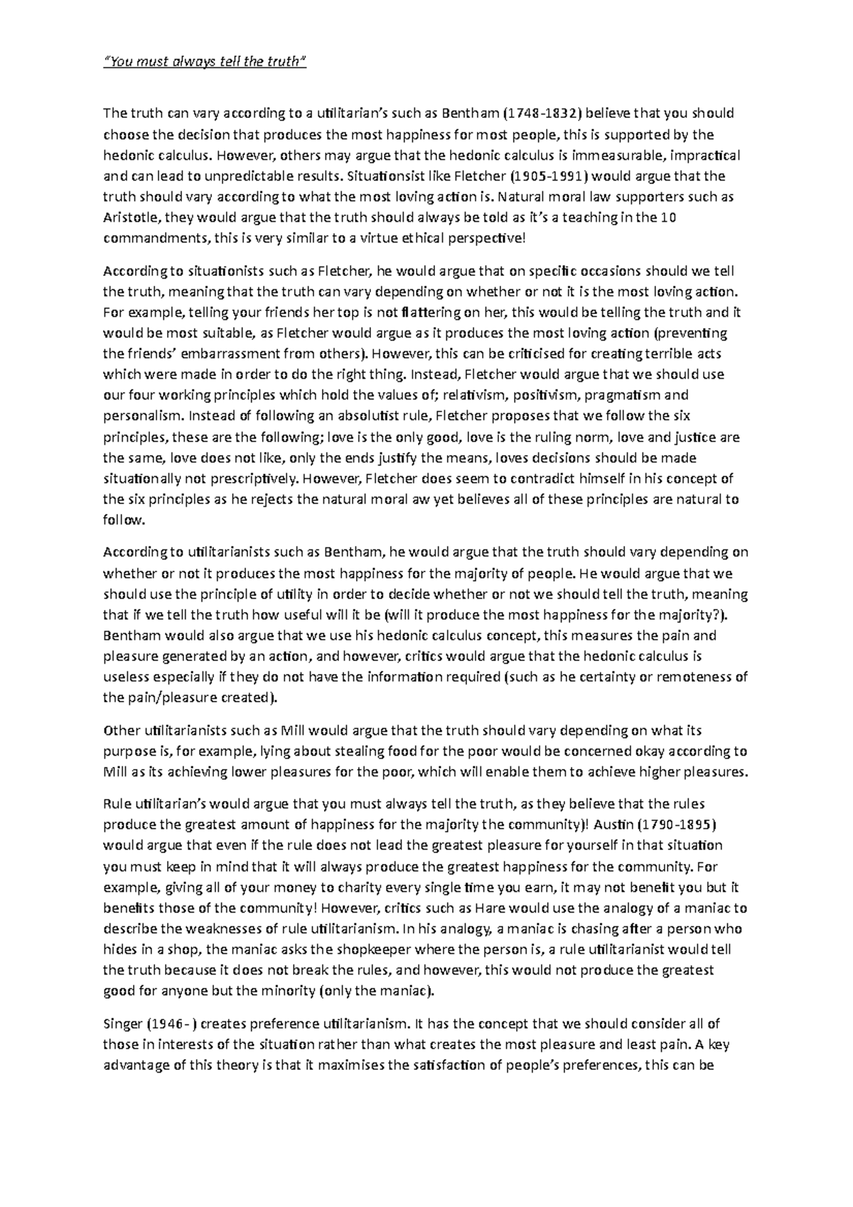 PHIL 101: You Must Always Tell the Truth - Essay Notes on Ethics - Studocu