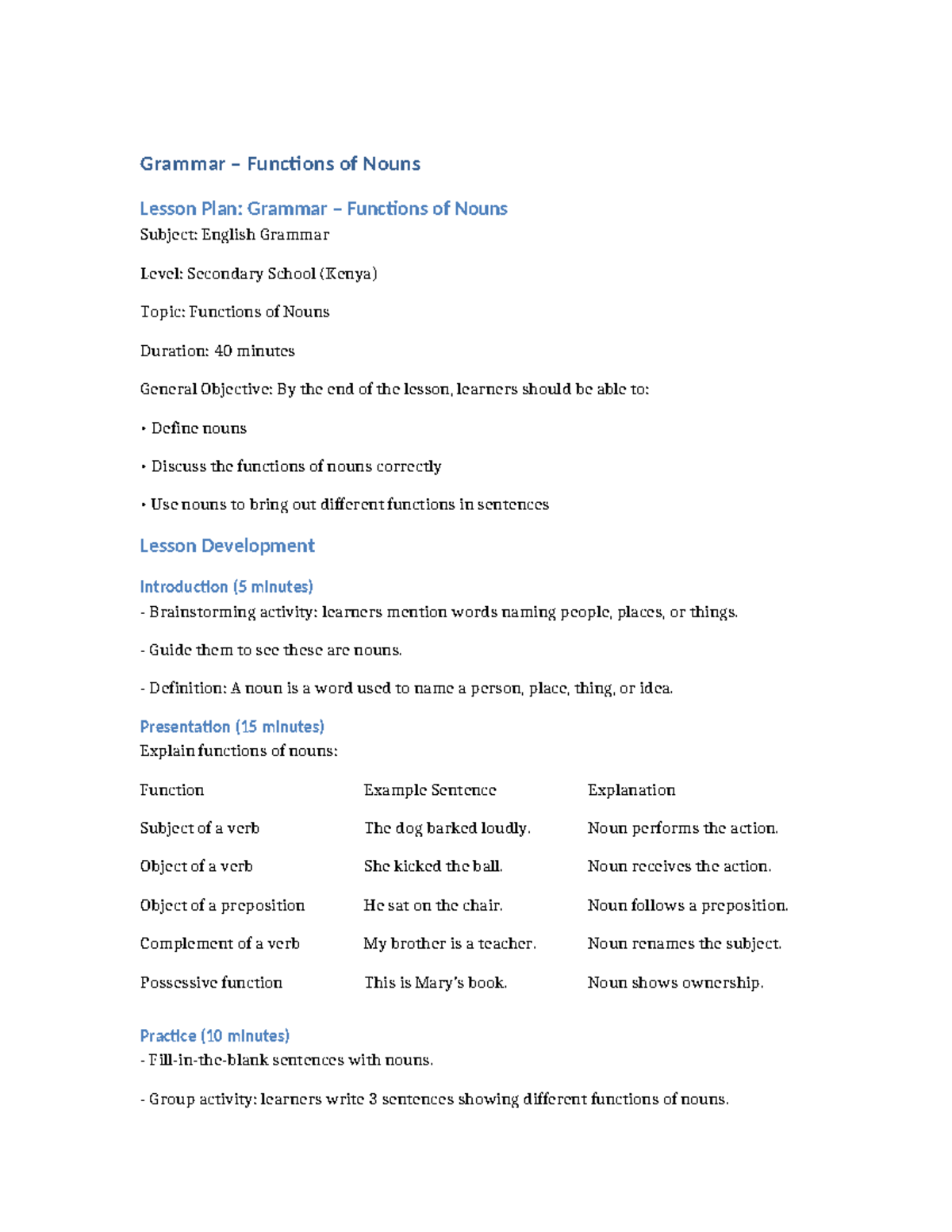 FORM 4 English Grammar Lesson Plan: Functions of Nouns - Studocu