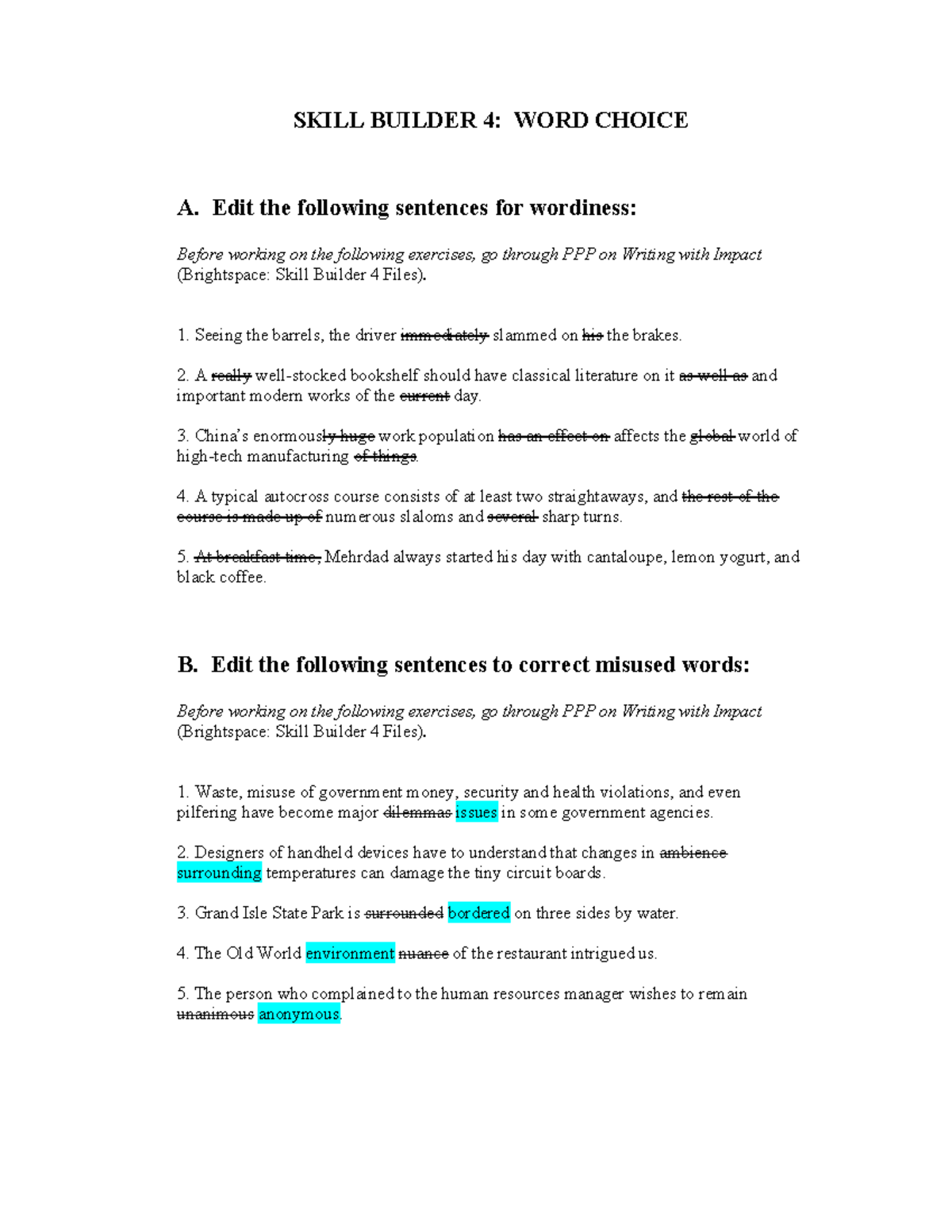 Skill Builder 4: Word Choice & Sentence Editing Exercises - Studocu