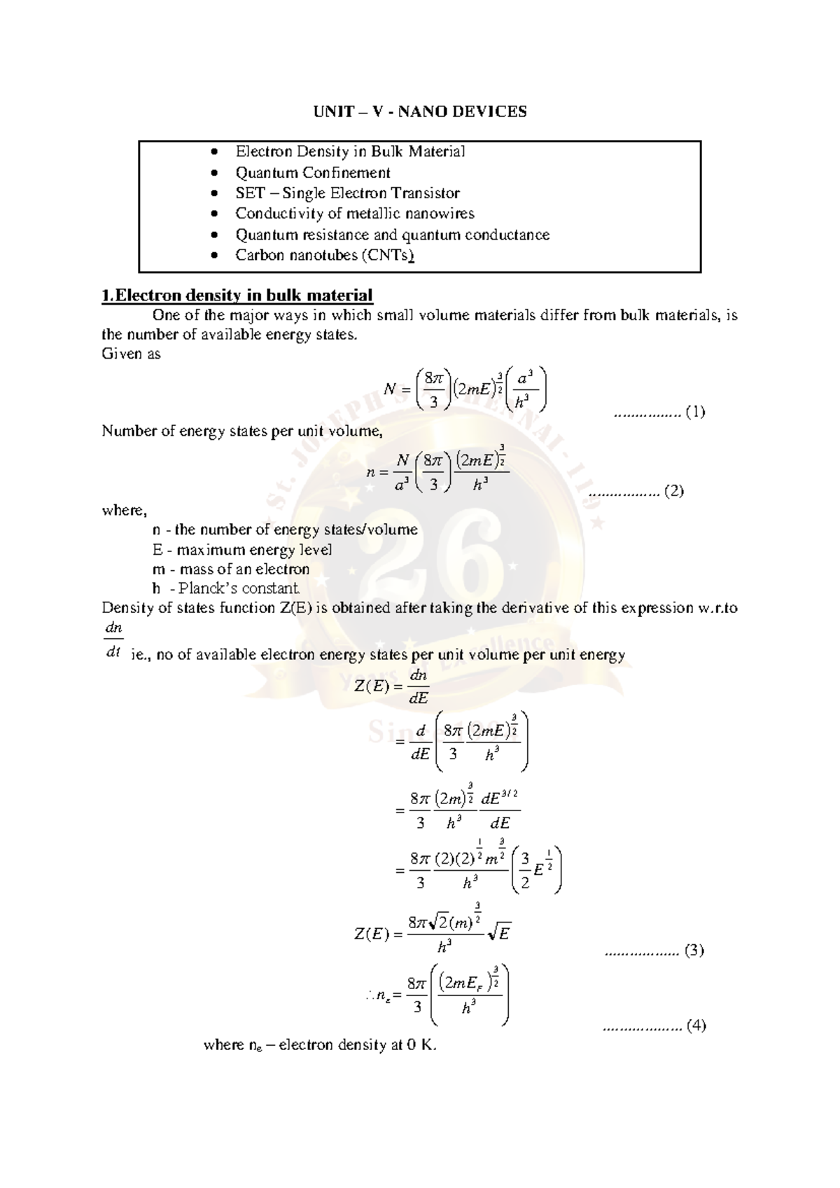 Unit 5: Nano Devices - Electronics Notes for ECE 301 - Studocu