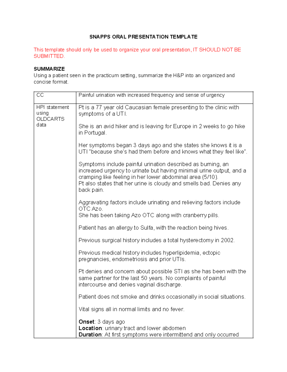 FNP NR511 Oral Presentation Template for UTI Case Study 09-2019 - Studocu