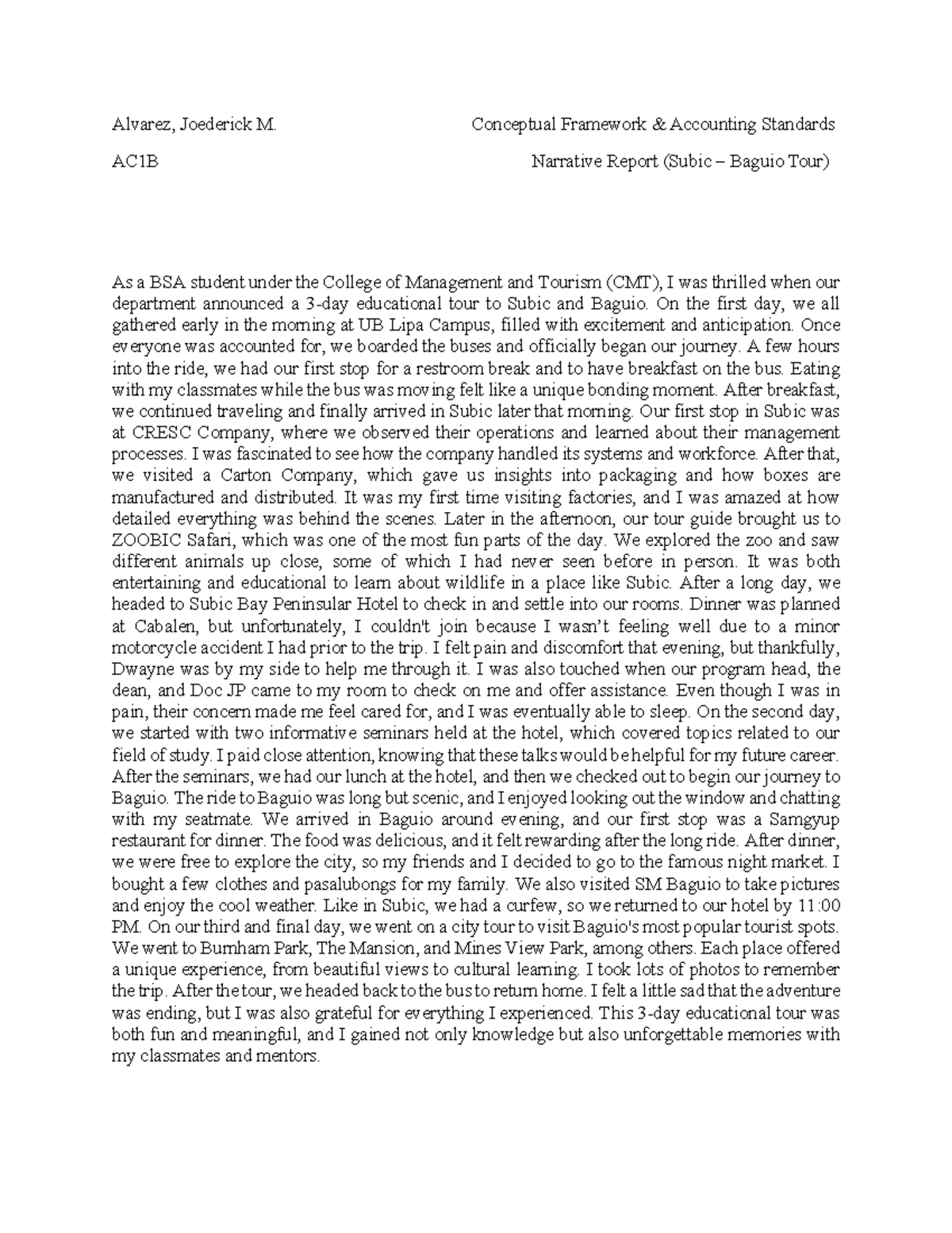 AC1B Narrative Report: Educational Tour to Subic and Baguio - Studocu