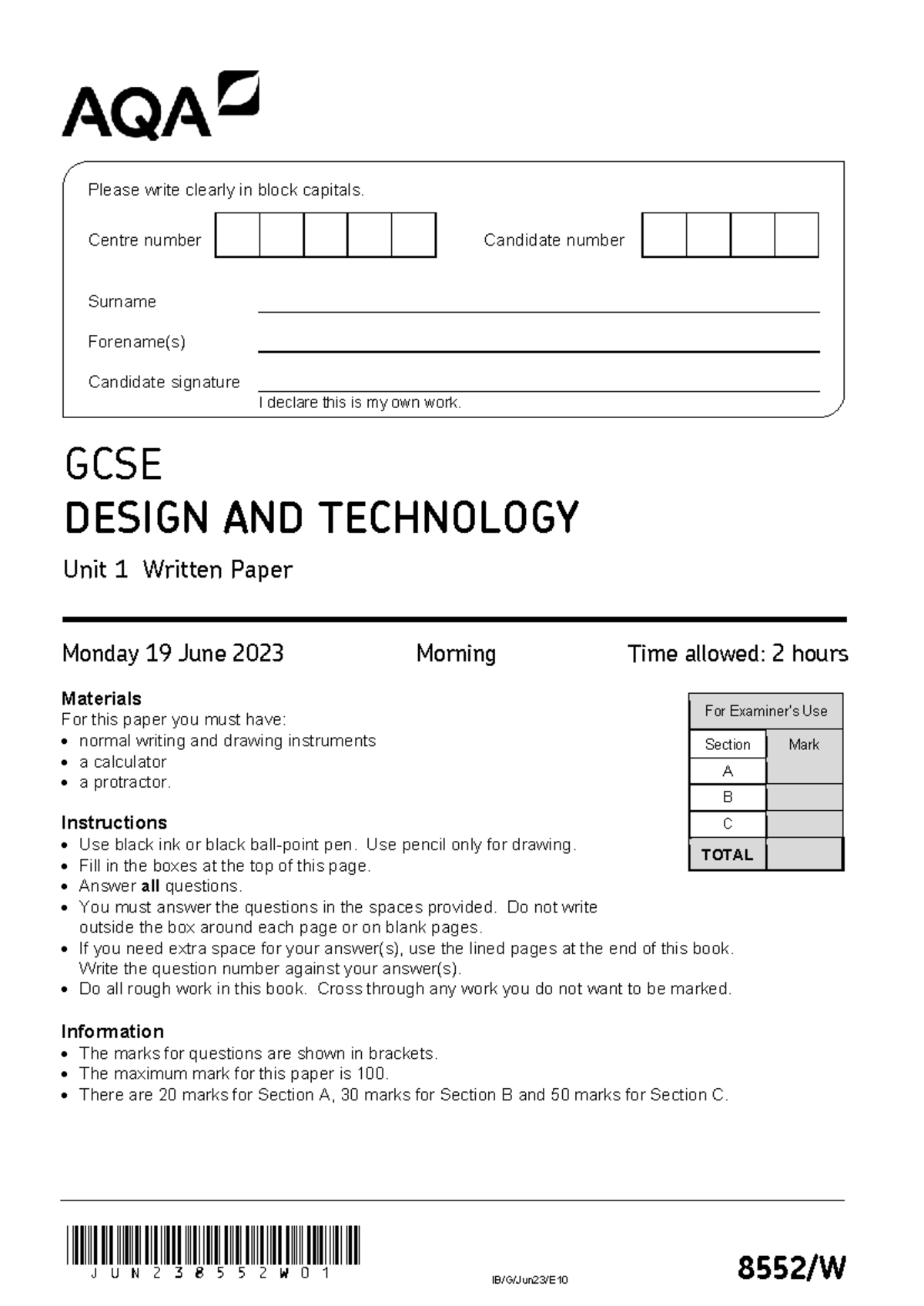AQA 8552W GCSE Design & Technology Unit 1 Written Paper June 2023 - Studocu