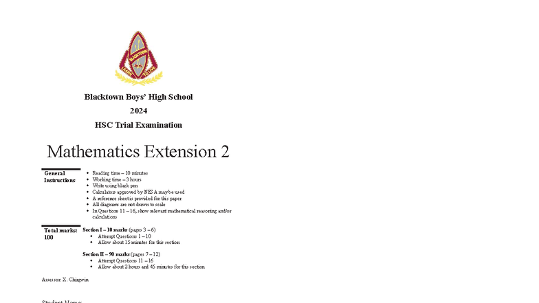 BBHS 2024 HSC Mathematics Extension 2 Trial Exam Solutions - Studocu