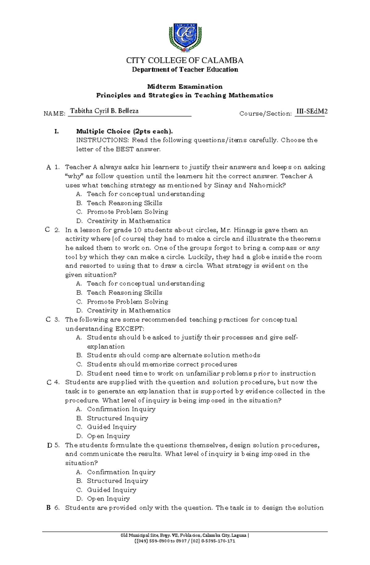 Teaching Mathematics Strategies Midterm Exam 2024 - City College of ...