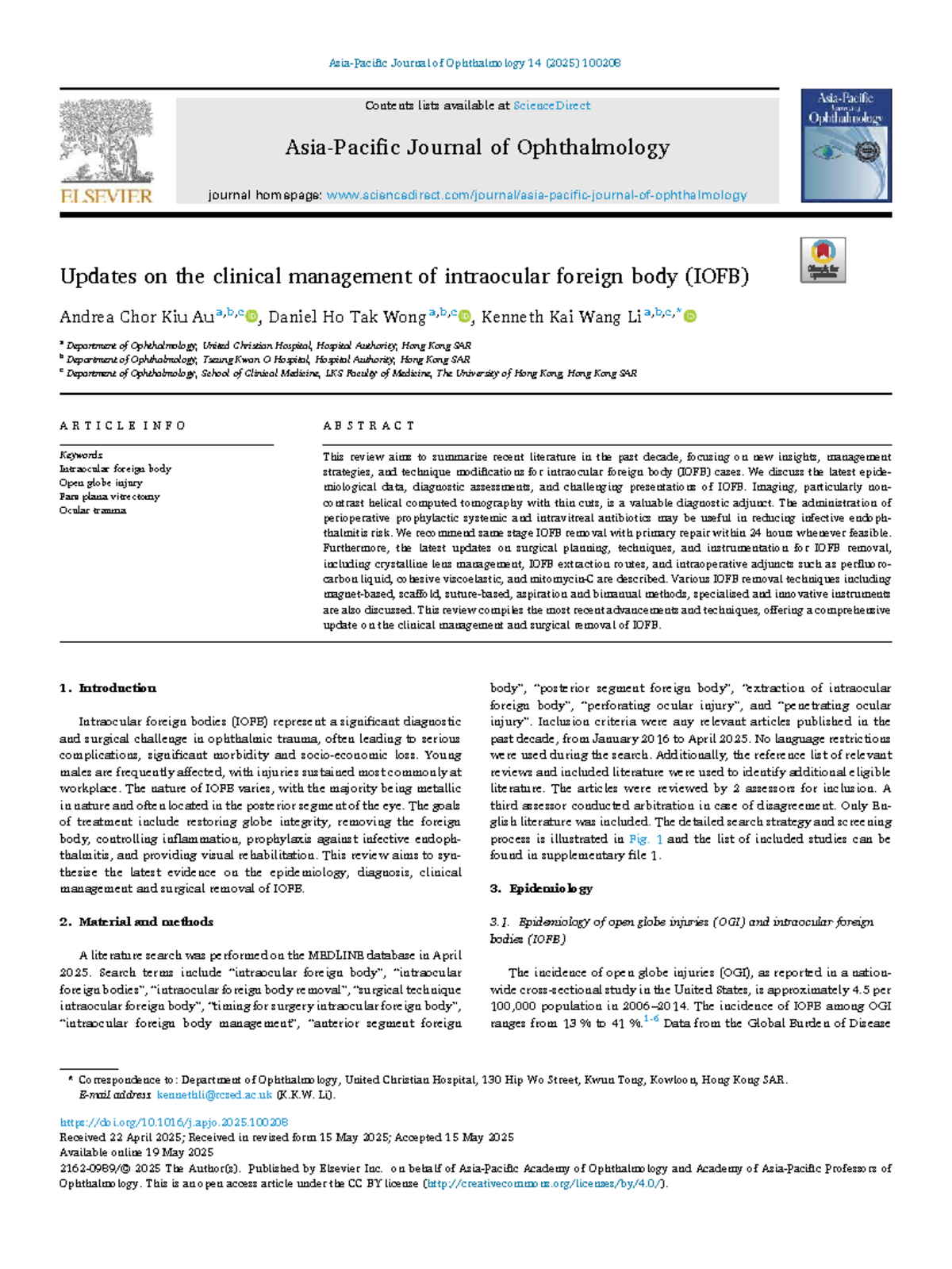 Updates on Clinical Management of Intraocular Foreign Bodies (IOFB ...