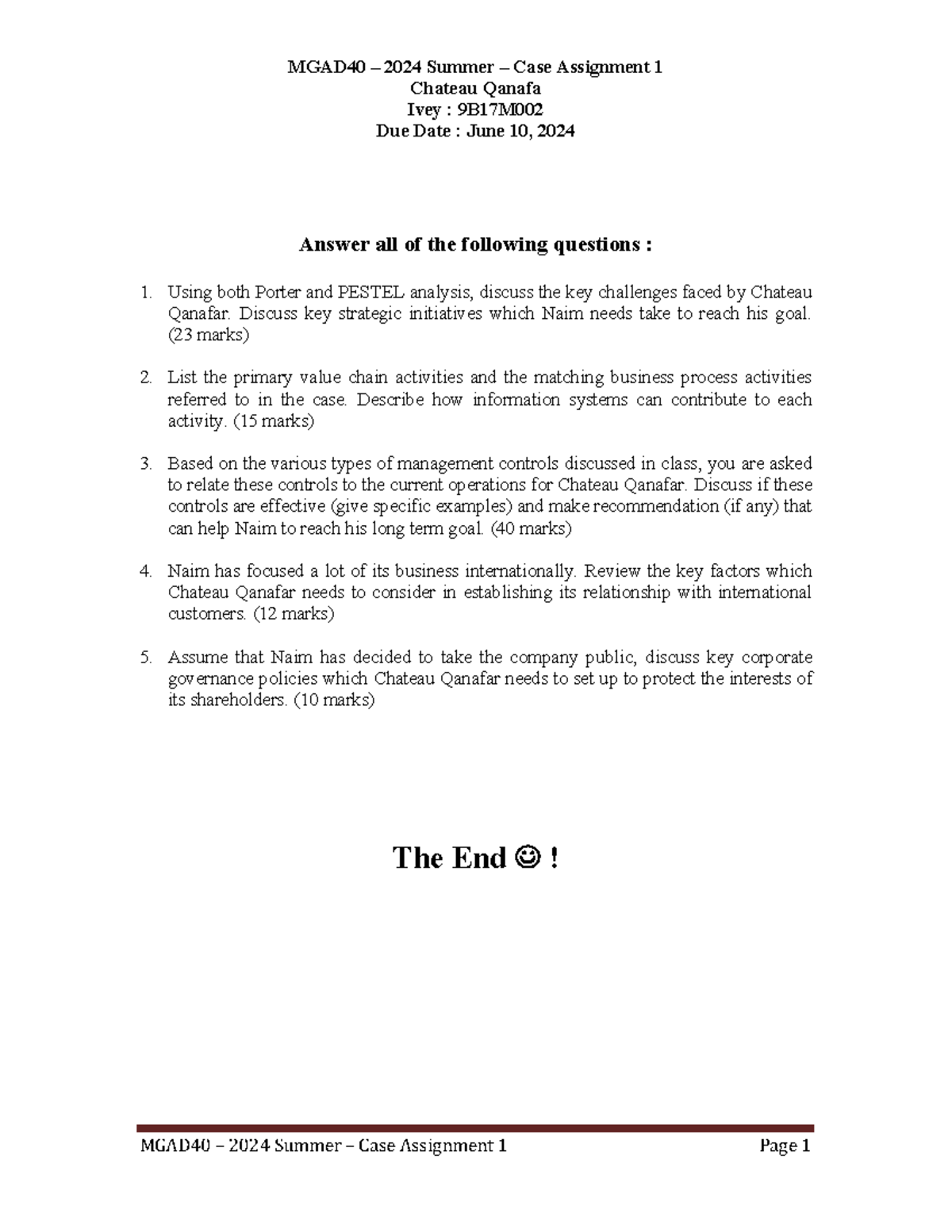 2024S Case Assignment 1 - Chateau Qanafar - MGAD40 – 2024 Summer – Case ...