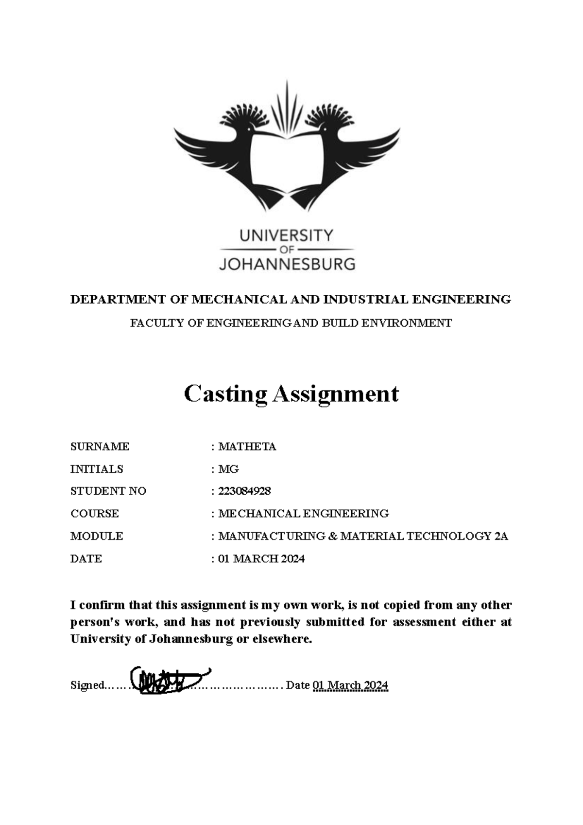 Casting Assignment - MECH ENG MFG MAT TECH 2A - March 2024 - Studocu