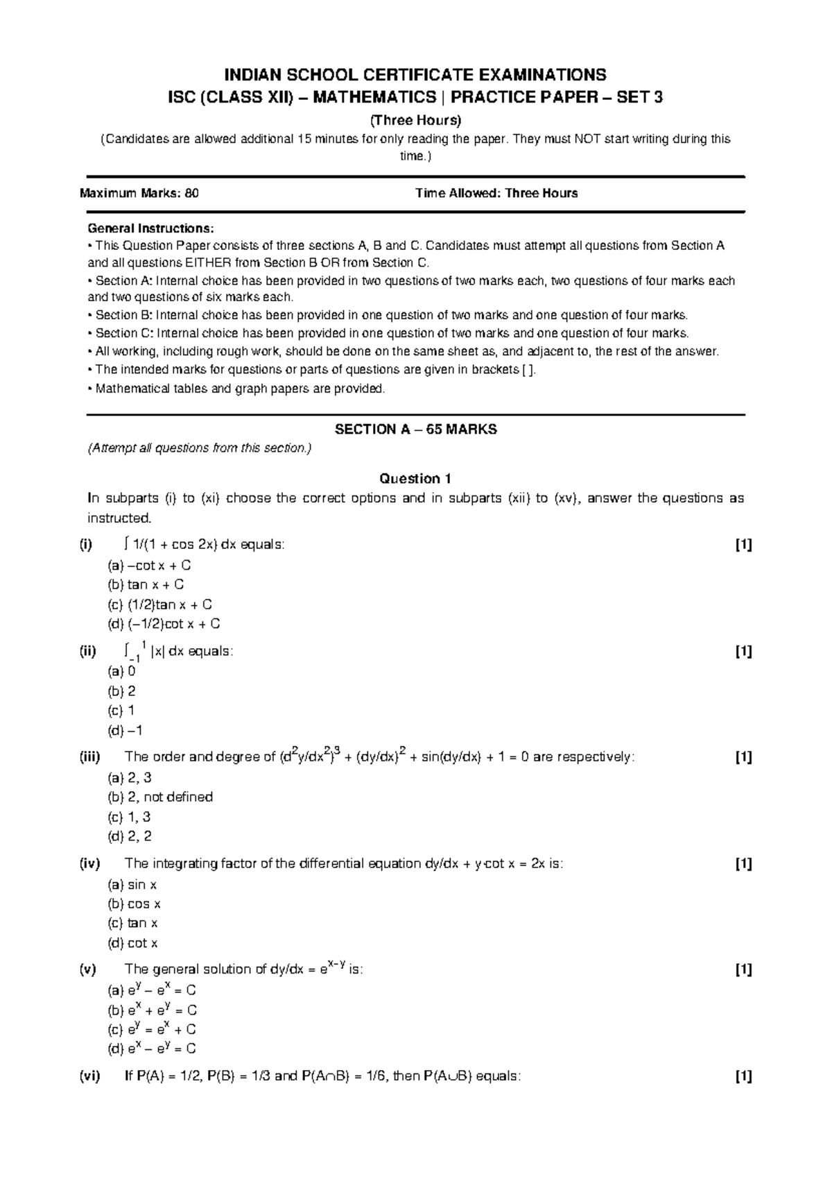 ISC (CLASS XII) Mathematics Practice Paper Set 3 - 80 Marks - Studocu
