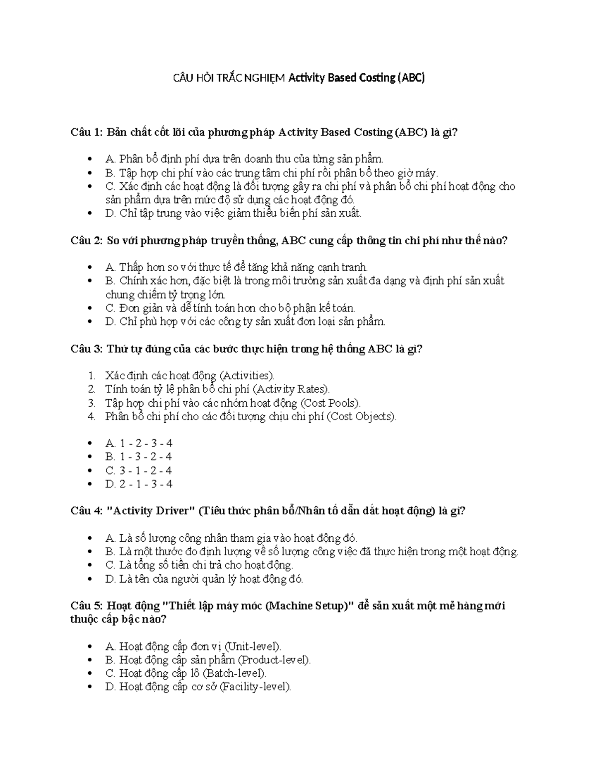 Quiz Câu Hỏi Trắc Nghiệm về Activity Based Costing (ABC) - ABFKJSDNGLAK ...