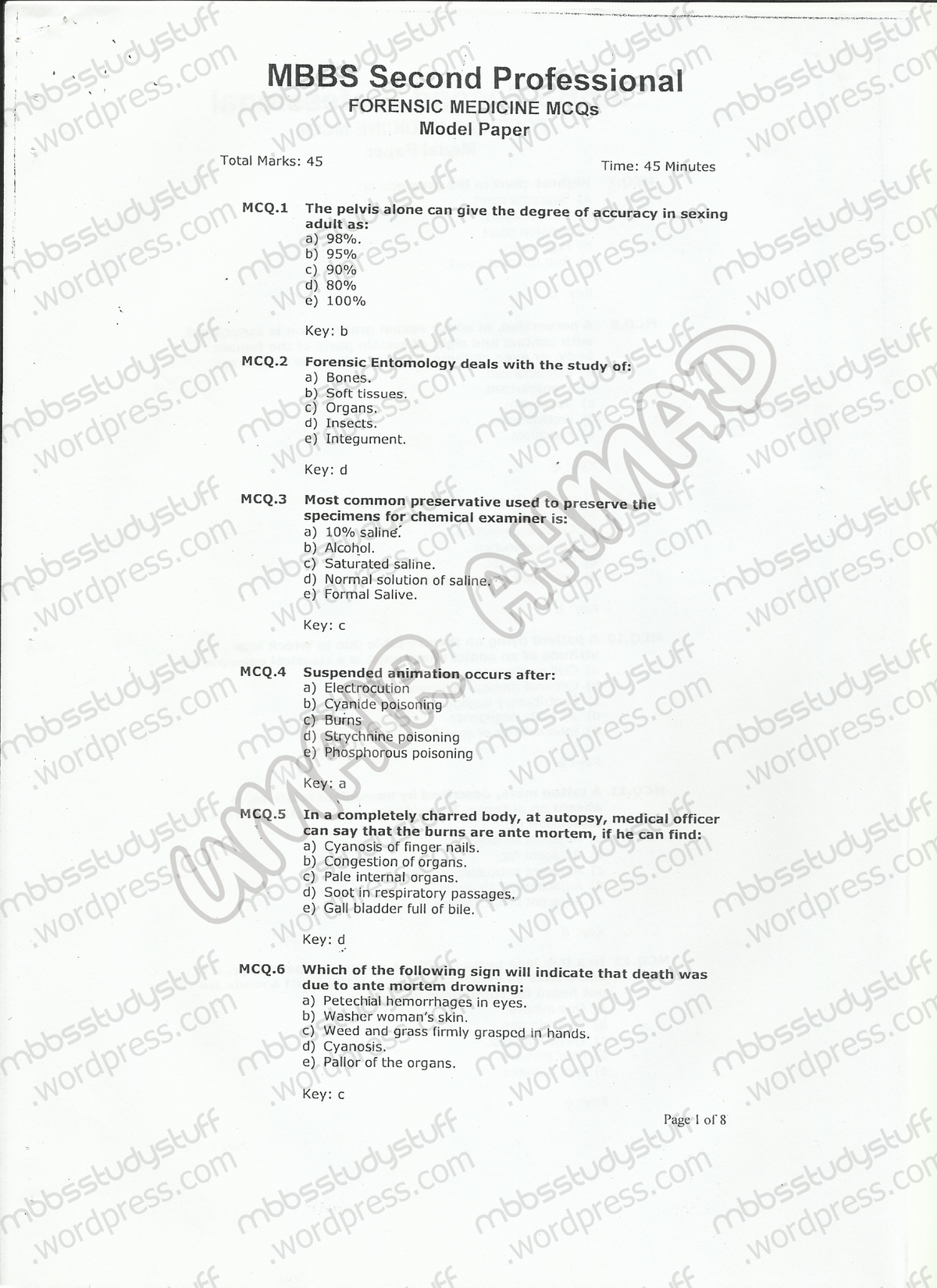 Forensic Medicine MCQs Model Paper 2007 (MBBS Second Professional ...