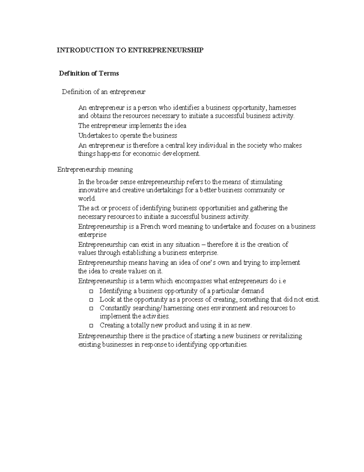 Chapter one - Just some notes - INTRODUCTION TO ENTREPRENEURSHIP ...