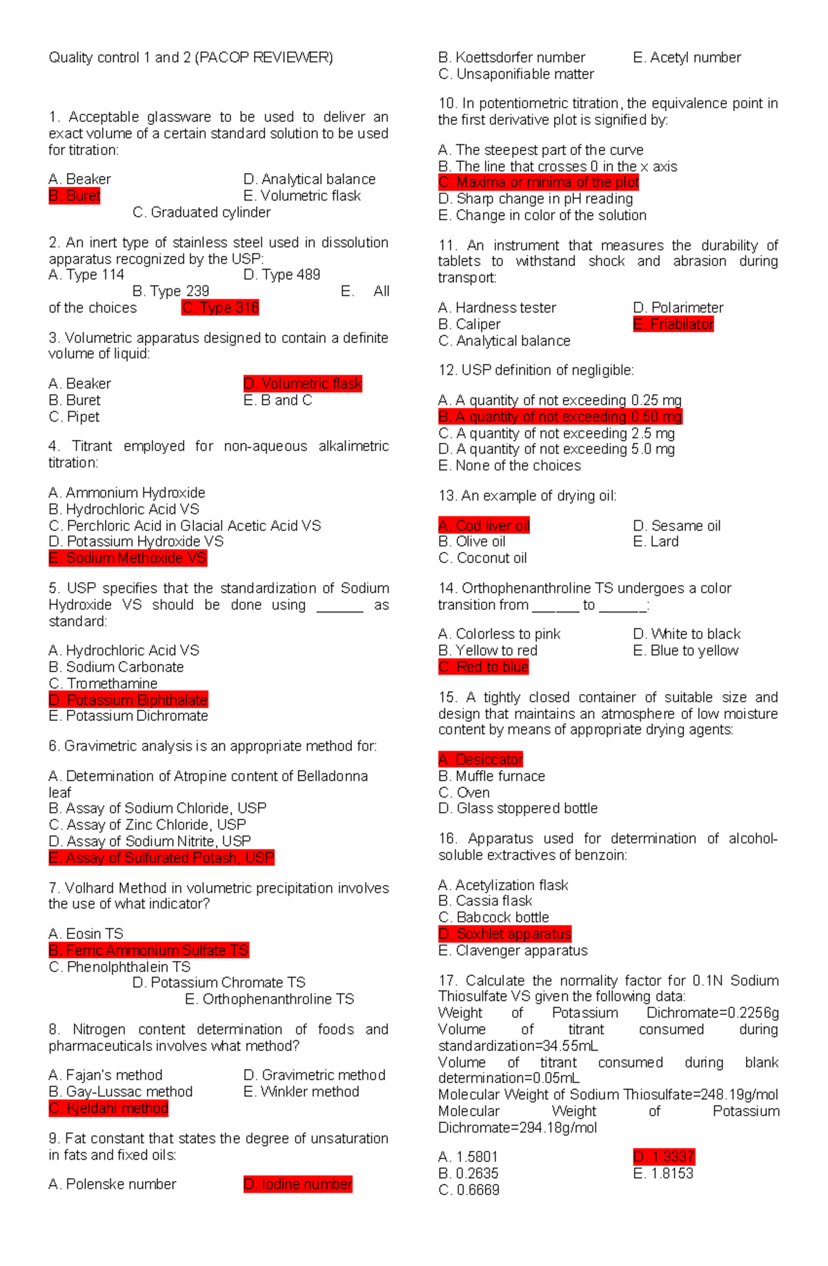Quality Control 1 & 2 (PACOP REVIEWER) - Comprehensive Answer Key - Studocu
