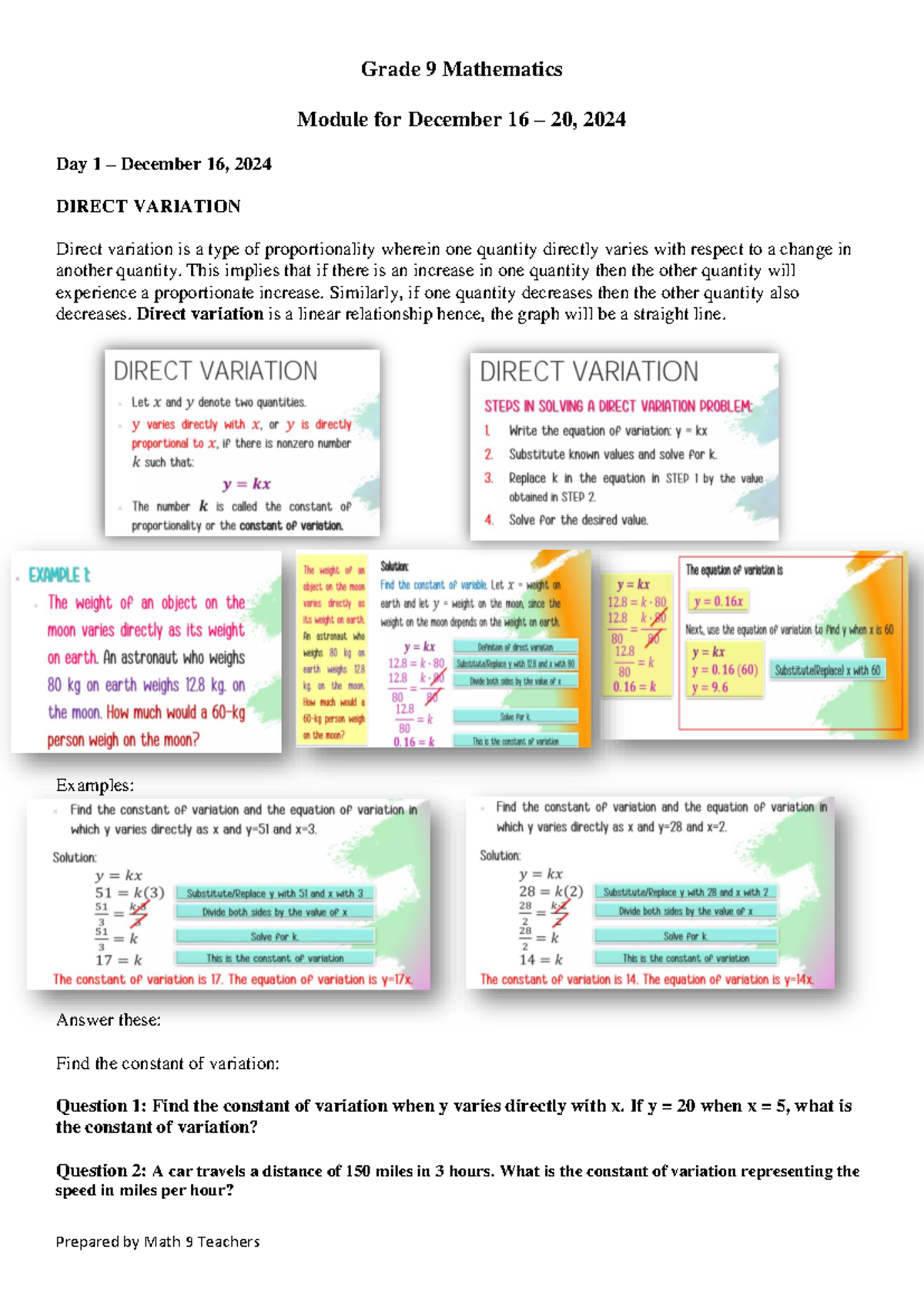 Grade 9 Math Module: Direct, Inverse & Combined Variation (Dec 2024 ...