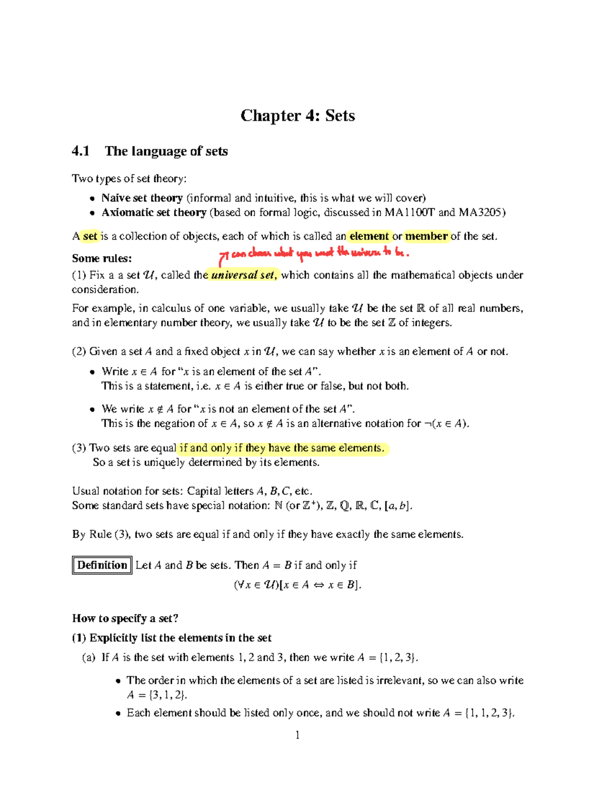Chapter 4: Set Theory Overview and Key Concepts (MA1100T, MA3205) - Studocu