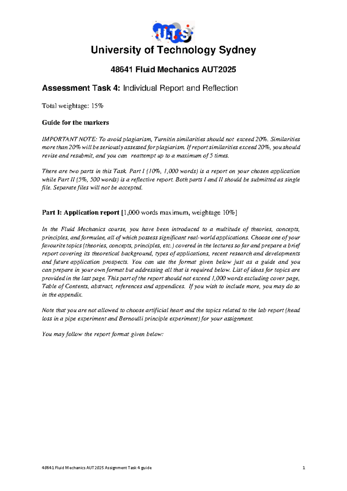 48641 Fluid Mechanics AUT2025 Assessment Task 4: Report & Reflection ...