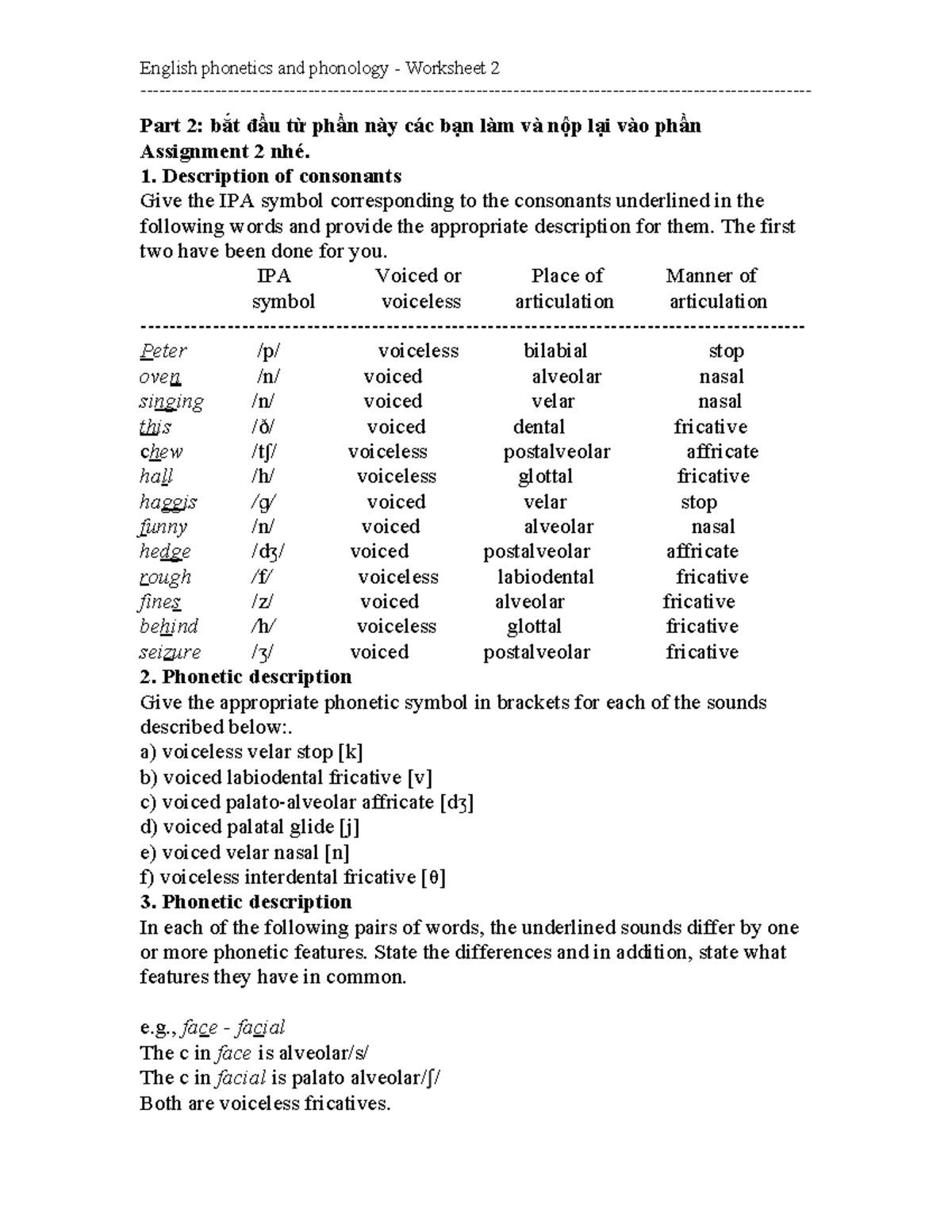 English Phonetics and Phonology Worksheet 2 - Assignment 2 - Studocu