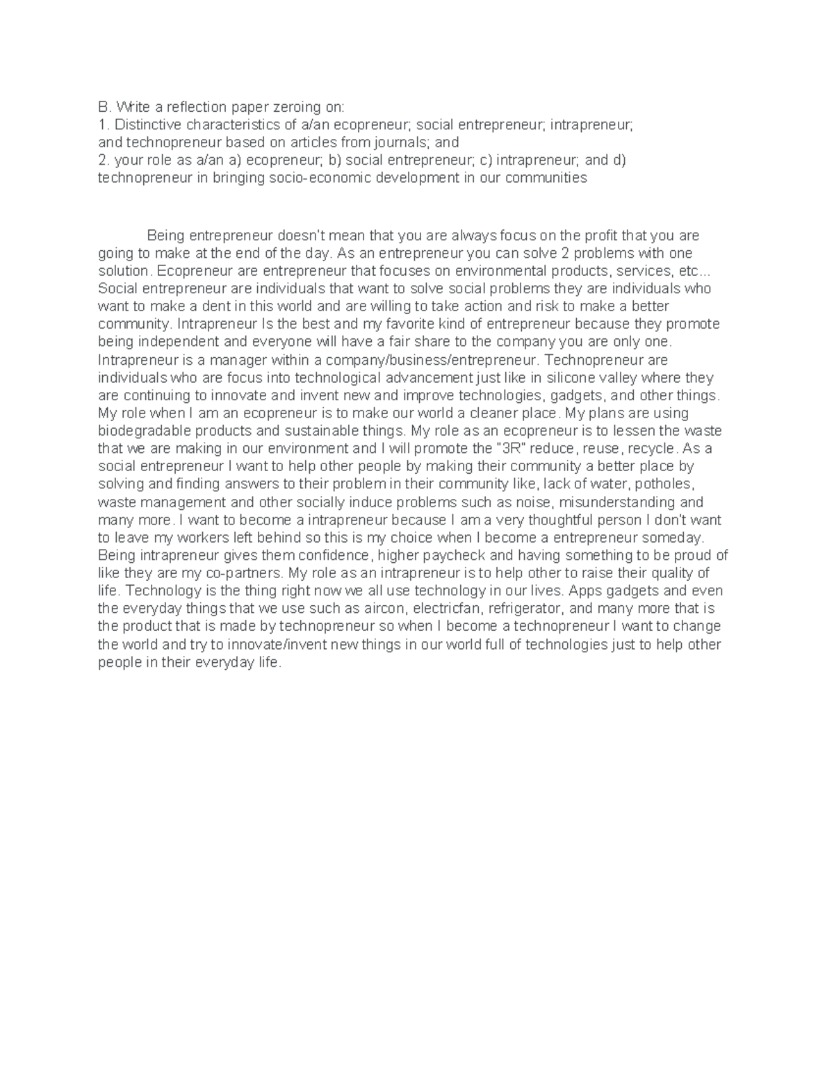 Gentrep- Essay - B. Write a reflection paper zeroing on: Distinctive ...