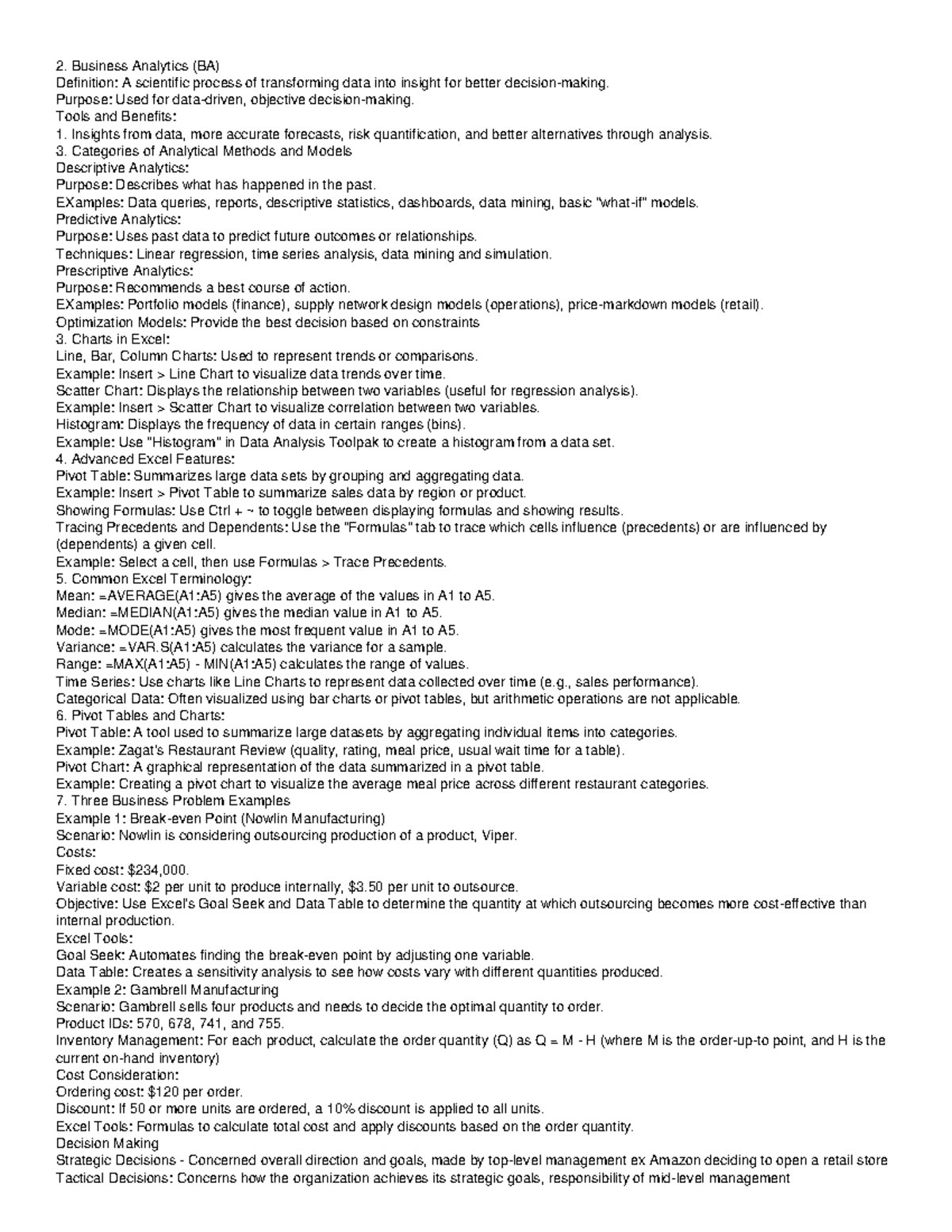 Business Analytics (BA) Midterm Cheat Sheet: Key Concepts & Tools - Studocu