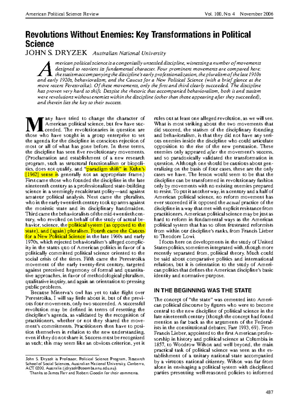 Revolutions Without Enemies: Transformations in Political Science (APSA ...